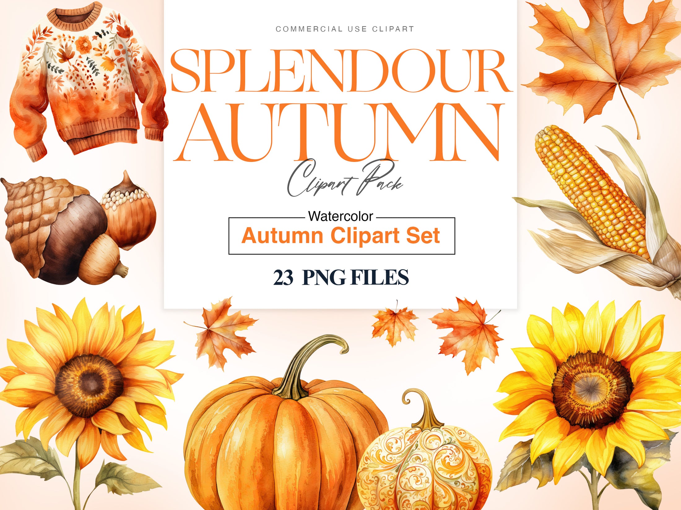 Watercolor Autumn Clipart, Fall Leaves, Pumpkin, Autumn PNG – Clipartset