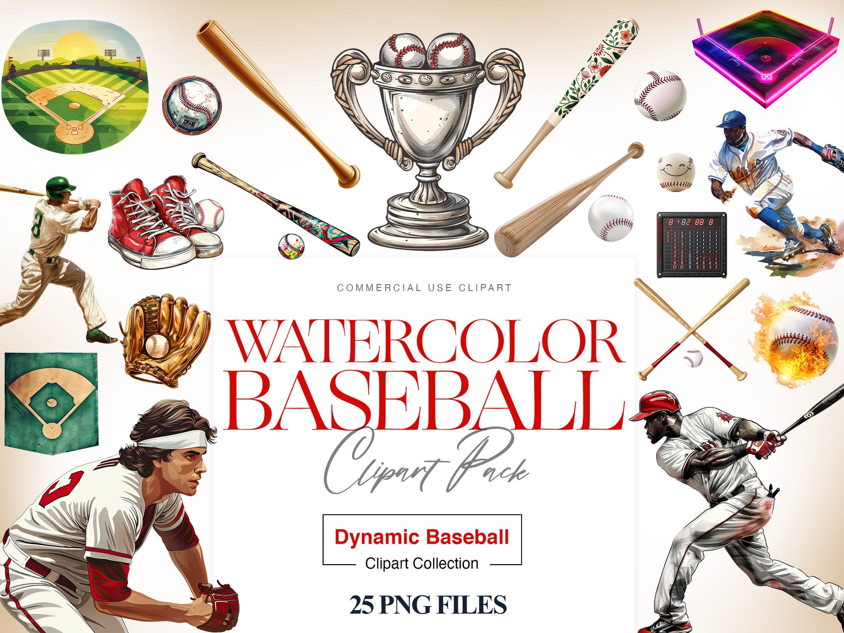 Watercolor Baseball Clipart, Baseball Bat PNG, Gloves, Baseball Player ...