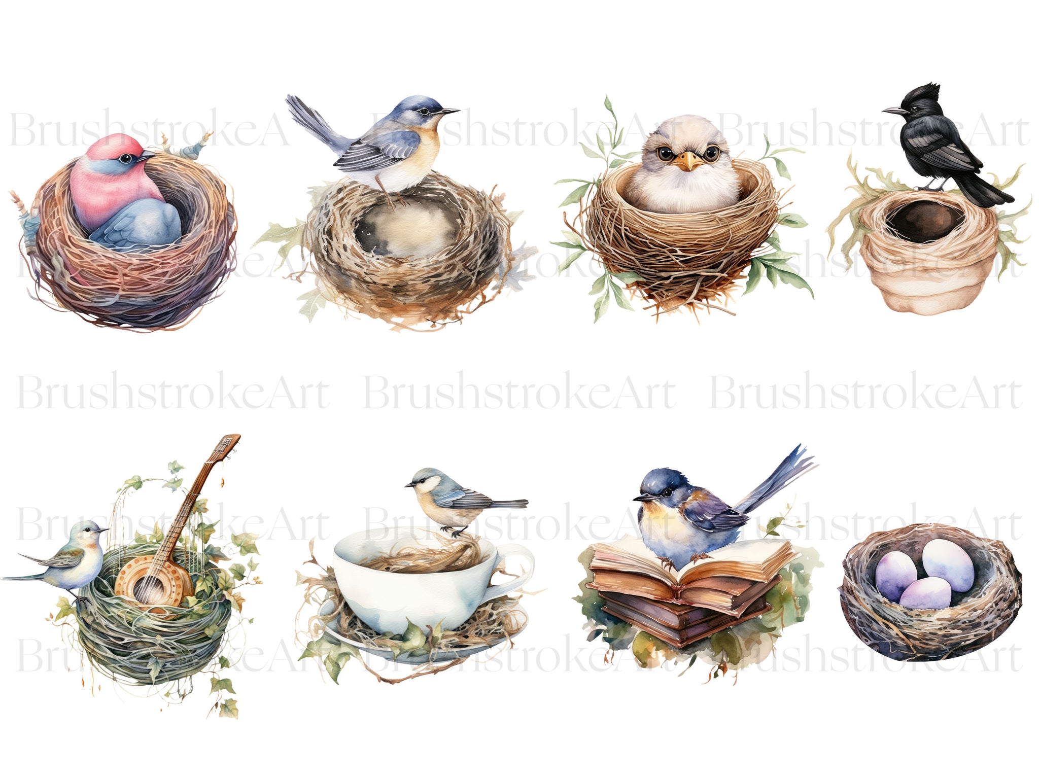 40 Watercolor Bird Nest Clipart, Birds PNG, Eggs in a Nest, Floral Nes ...