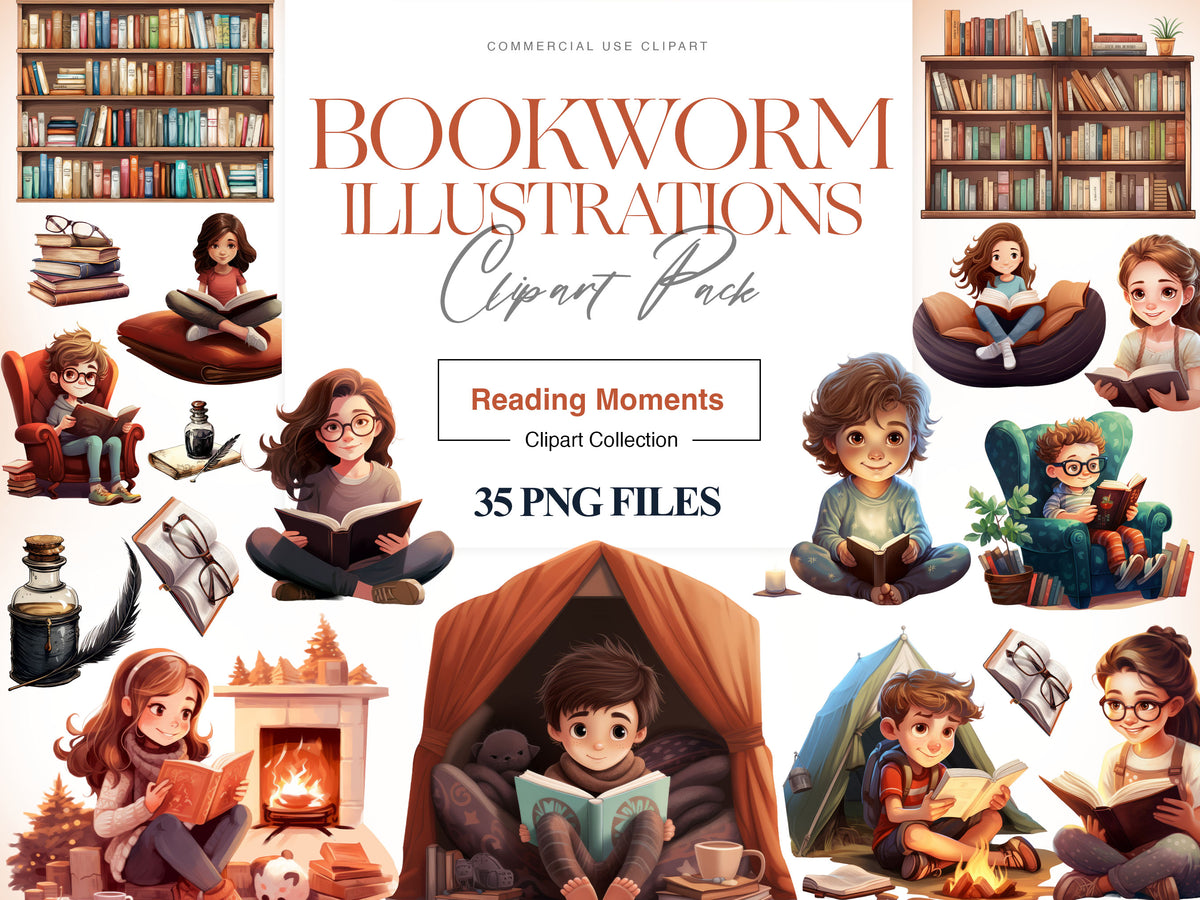 Bookworm Clipart, Book Lover Girl, Reading Clipart, Books – Clipartset