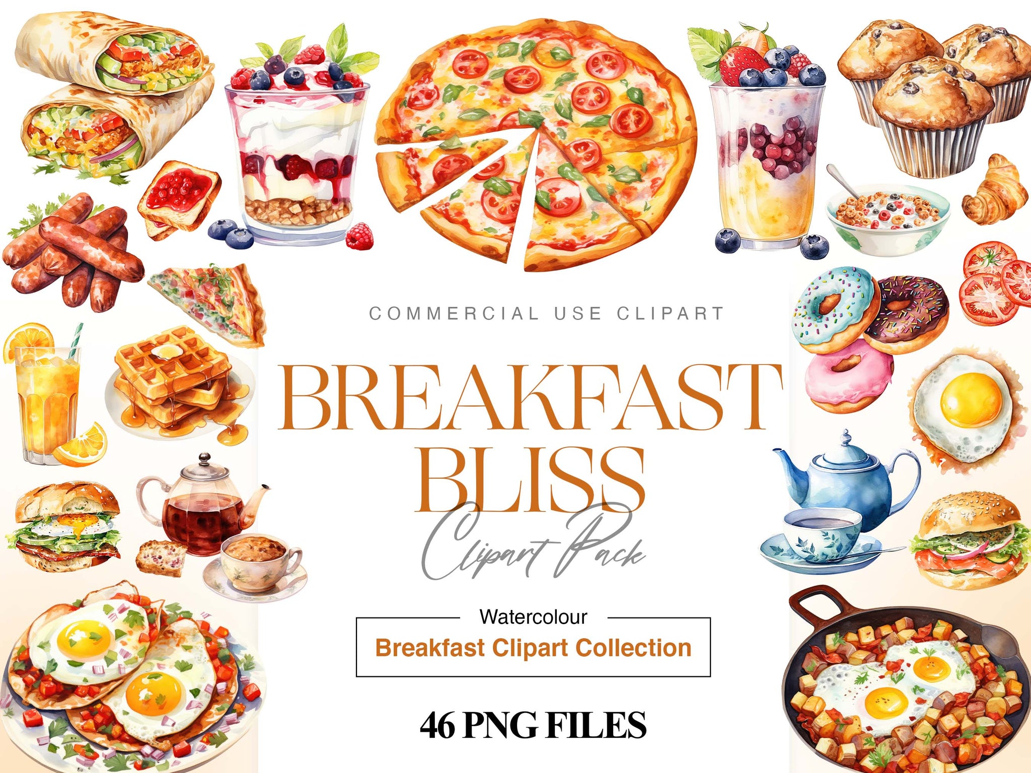 46 Watercolor Breakfast Clipart, English Breakfast, Coffee and Tea, Wa ...