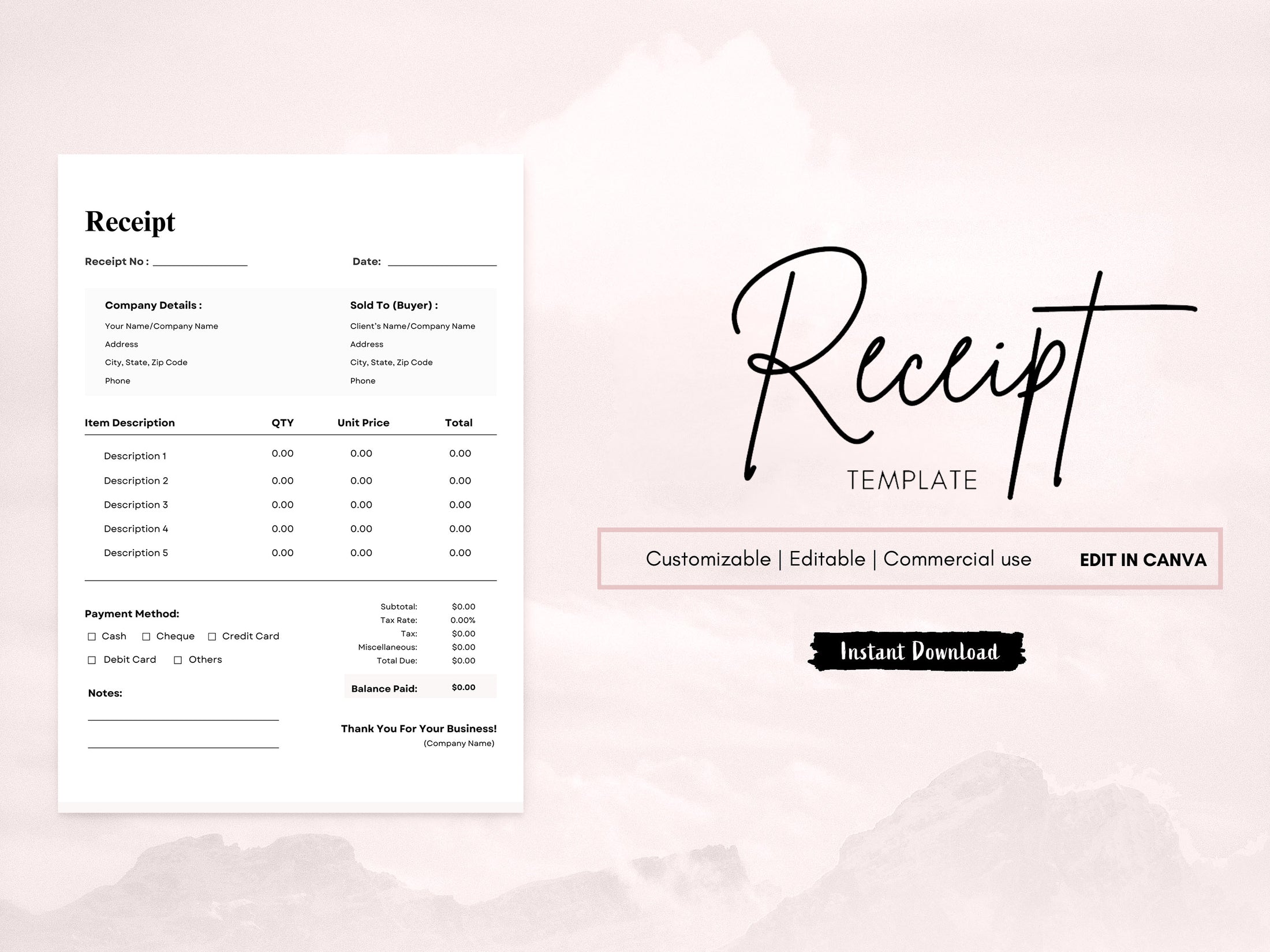 Business Receipt Template, Editable Canva Template, Receipt – Clipartset