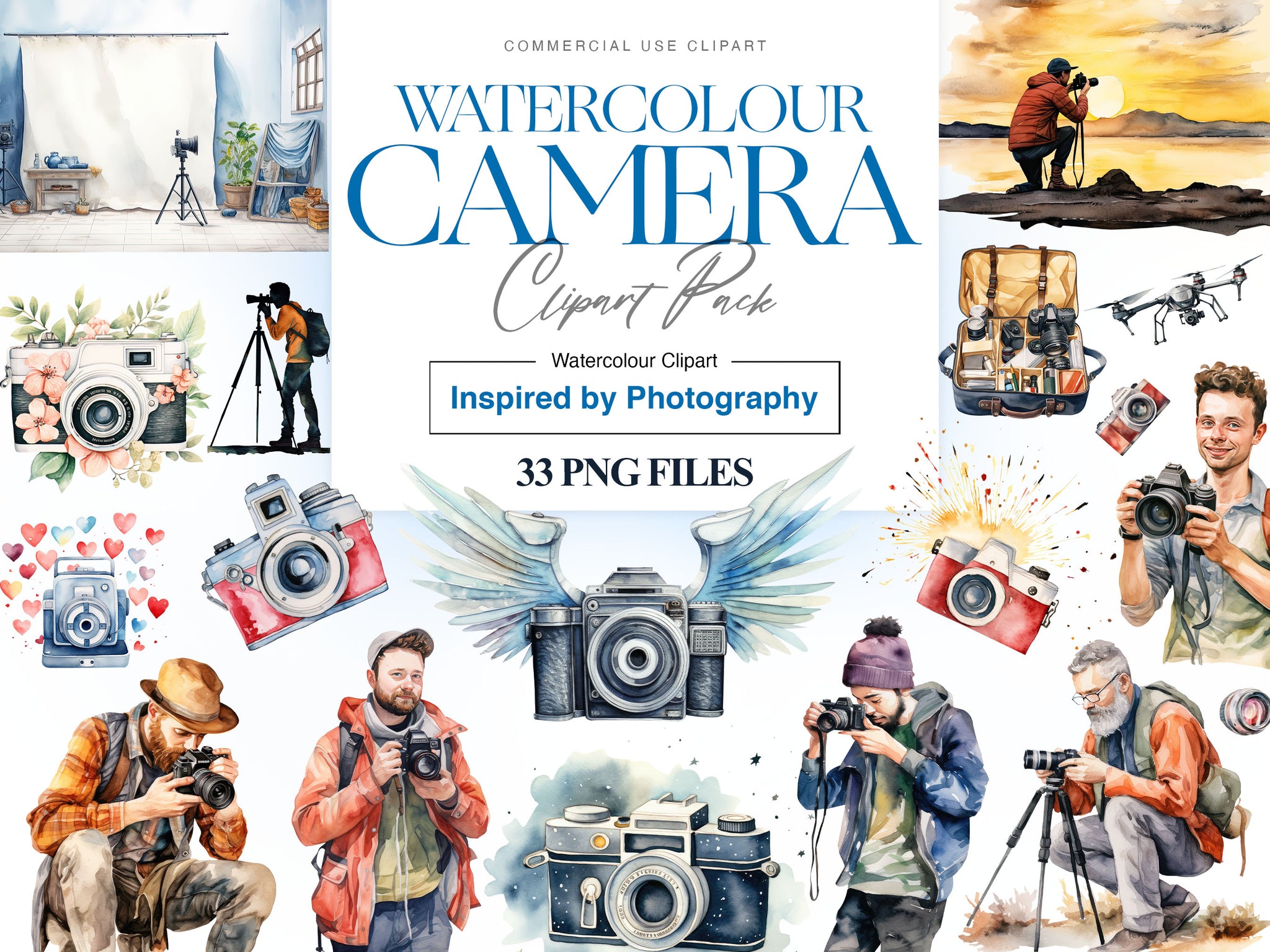 Watercolor Camera Clipart, Photography, Vintage Camera PNG – Clipartset