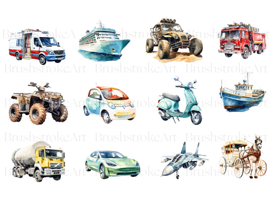 Watercolor Vehicle Clipart, Transportation A-Z, Truck, Car – Clipartset