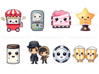 Kawaii Cinema, Theatre, Movie Party, Popcorn, Film, Ticket – Clipartset