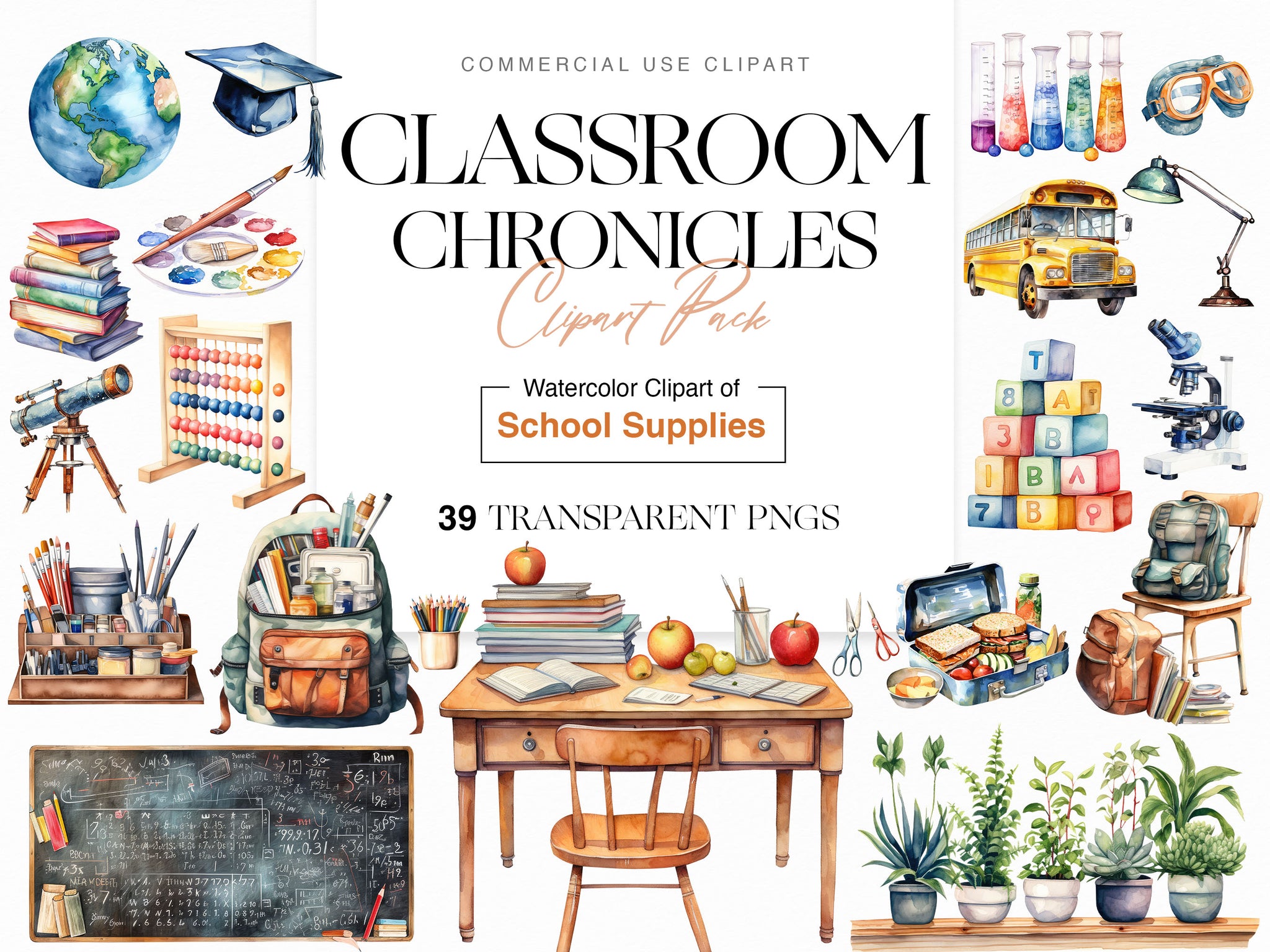 Watercolor Classroom Clipart, Chalkboard, Teacher Supplies – Clipartset