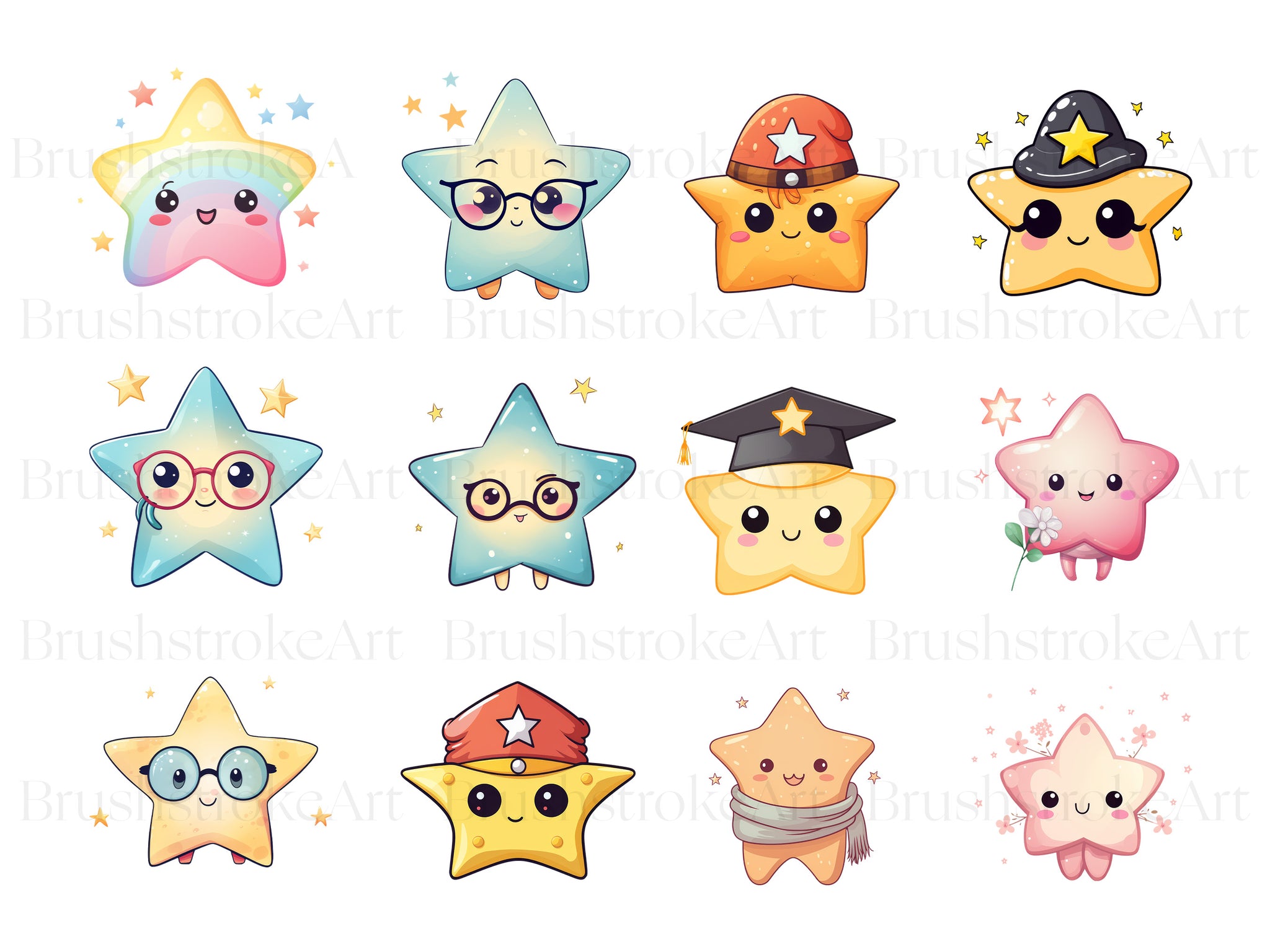 Kawaii Stars Clipart, Chibi Star, Colorful, Rainbow Stars – Clipartset