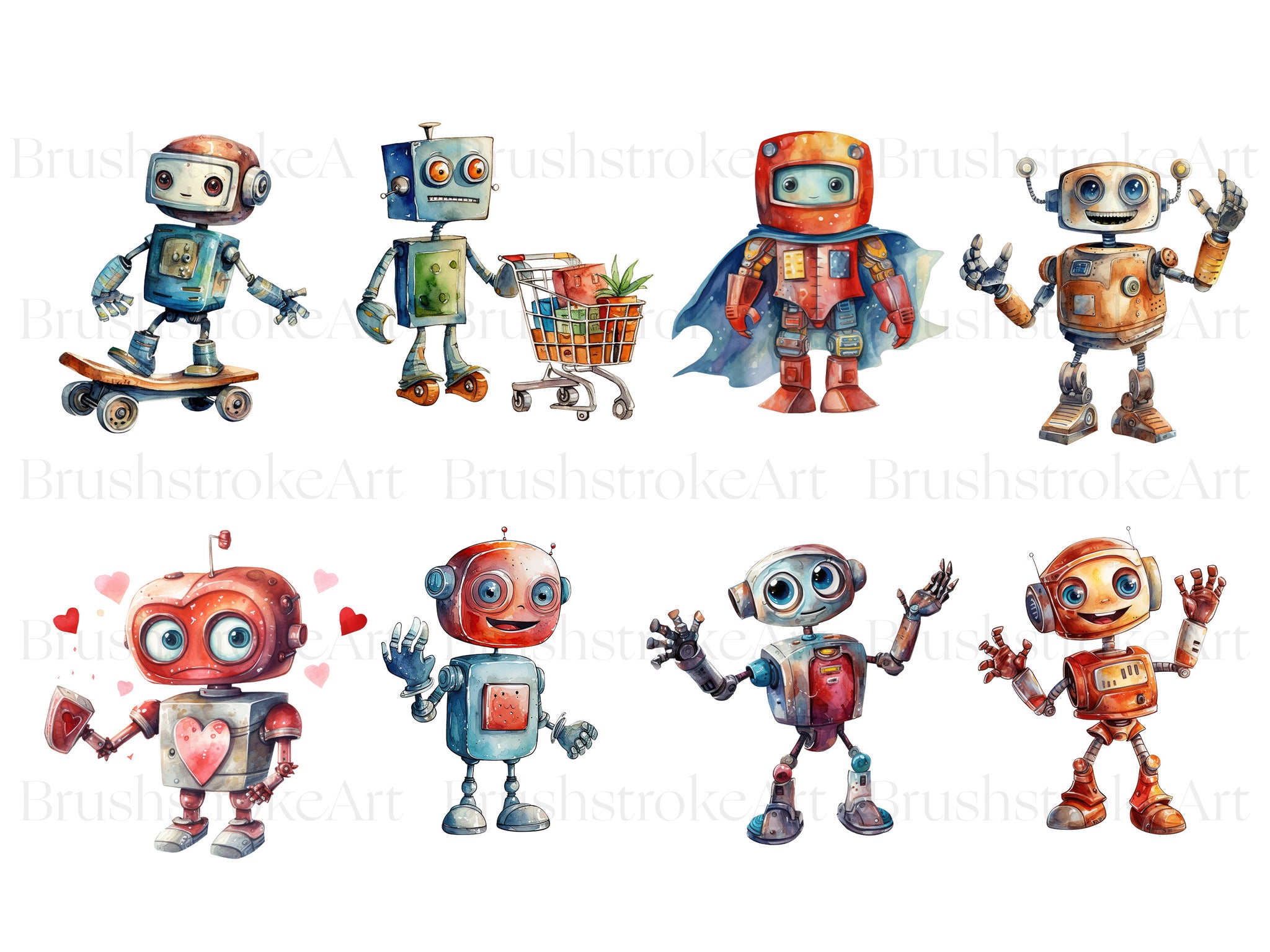 Watercolor Robot Clipart| Vintage Robots| Cute| Toy| Nursery Decor| Bi ...