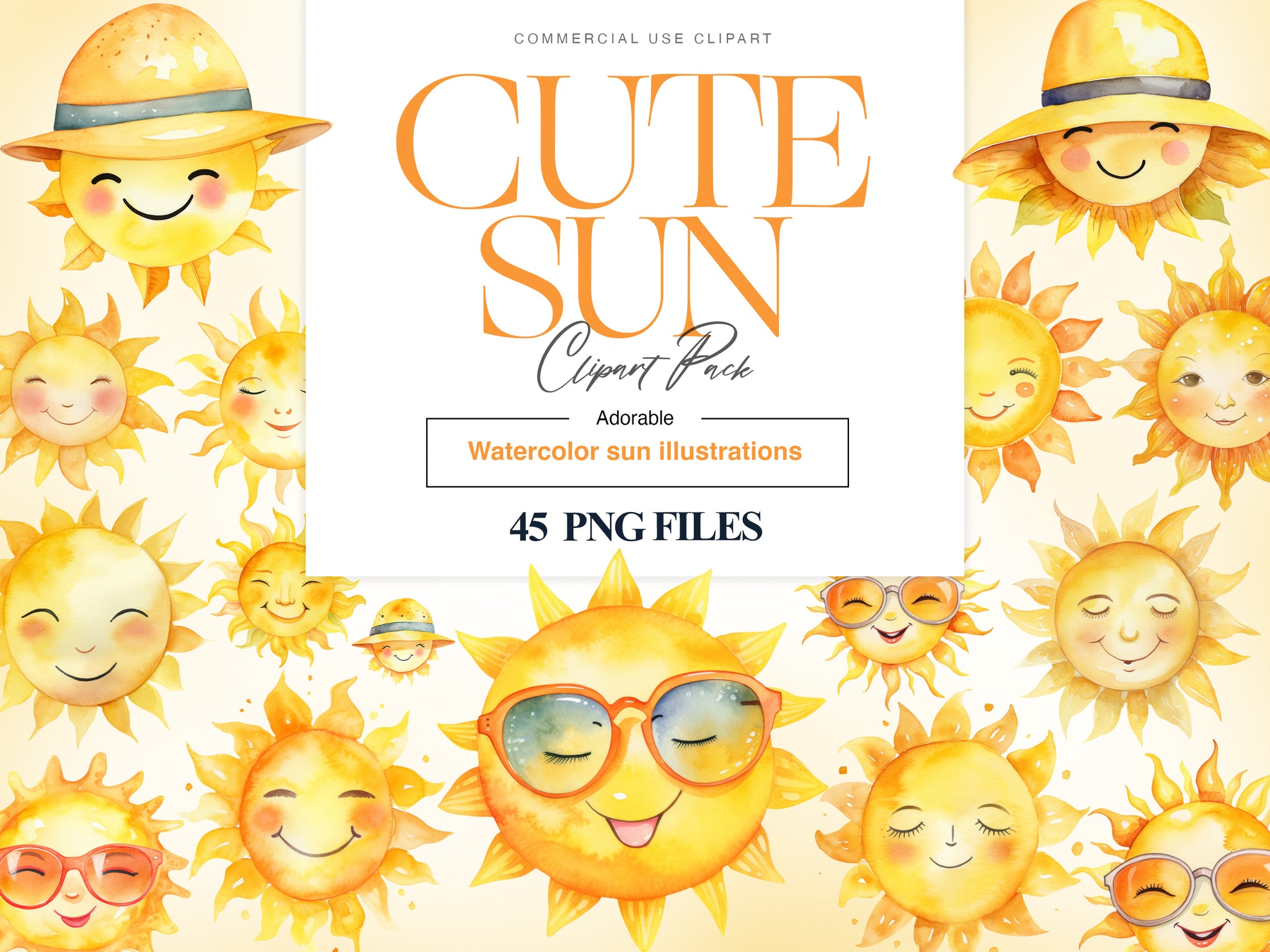 Cute Sun Clipart, Watercolor Sun, Weather Clipart, Cool Sun – Clipartset