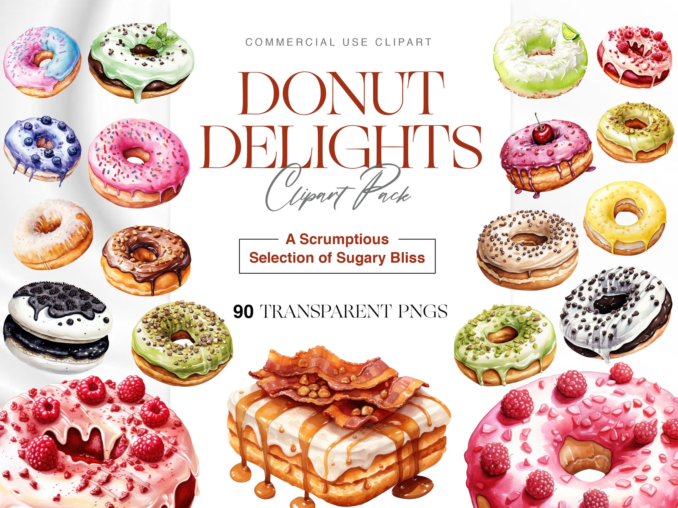 Watercolor Donut Clipart, Dessert, Pastries, Glazed, Sprinkled Donut ...