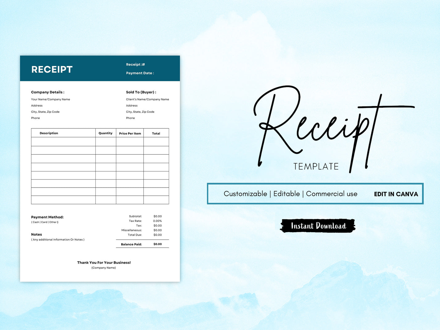 Editable Receipt Template, Cash Receipt for Business, Form – Clipartset