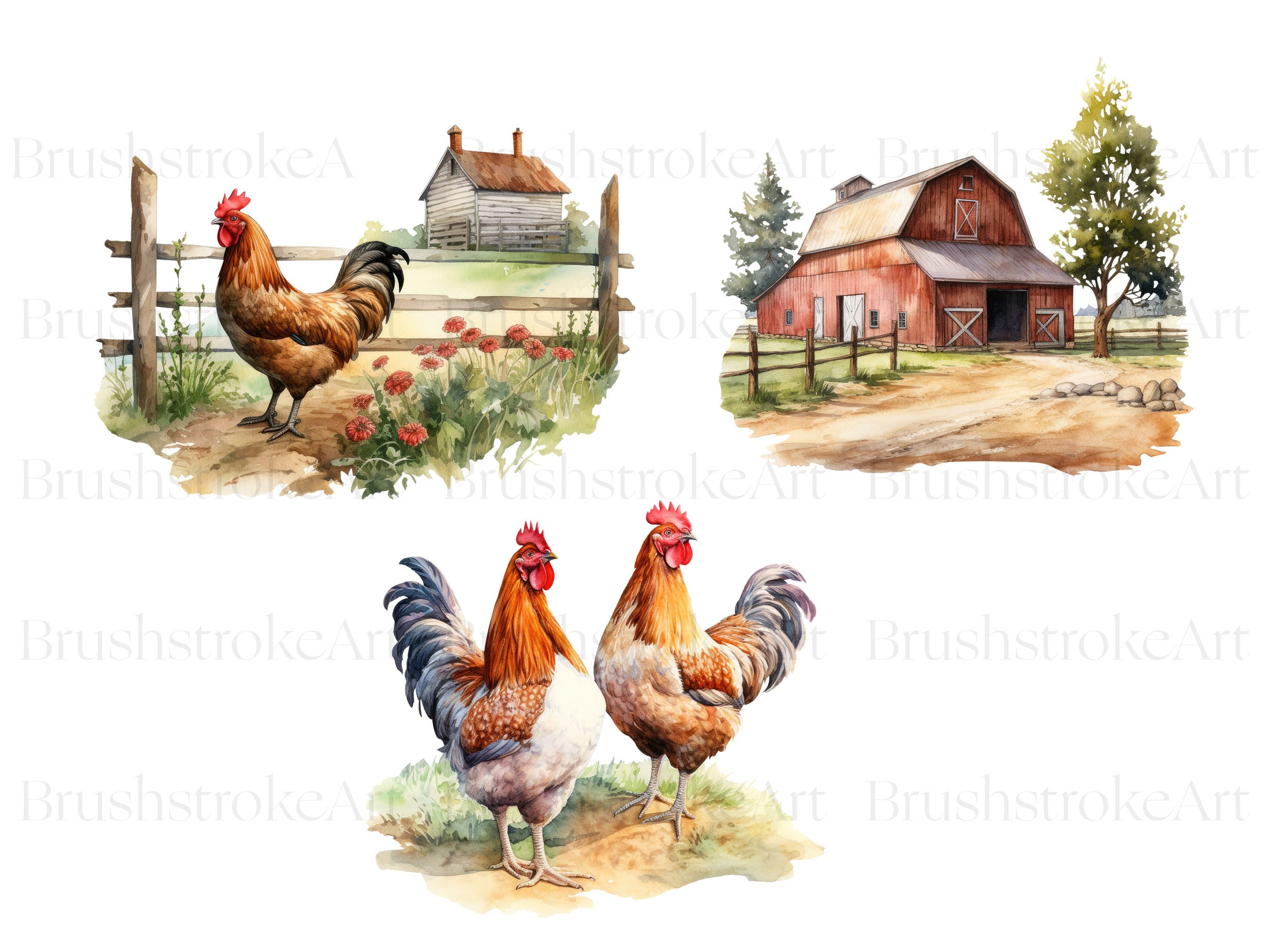 Watercolor Hen Clipart, Chicken PNG, Baby Chick, Rooster – Clipartset