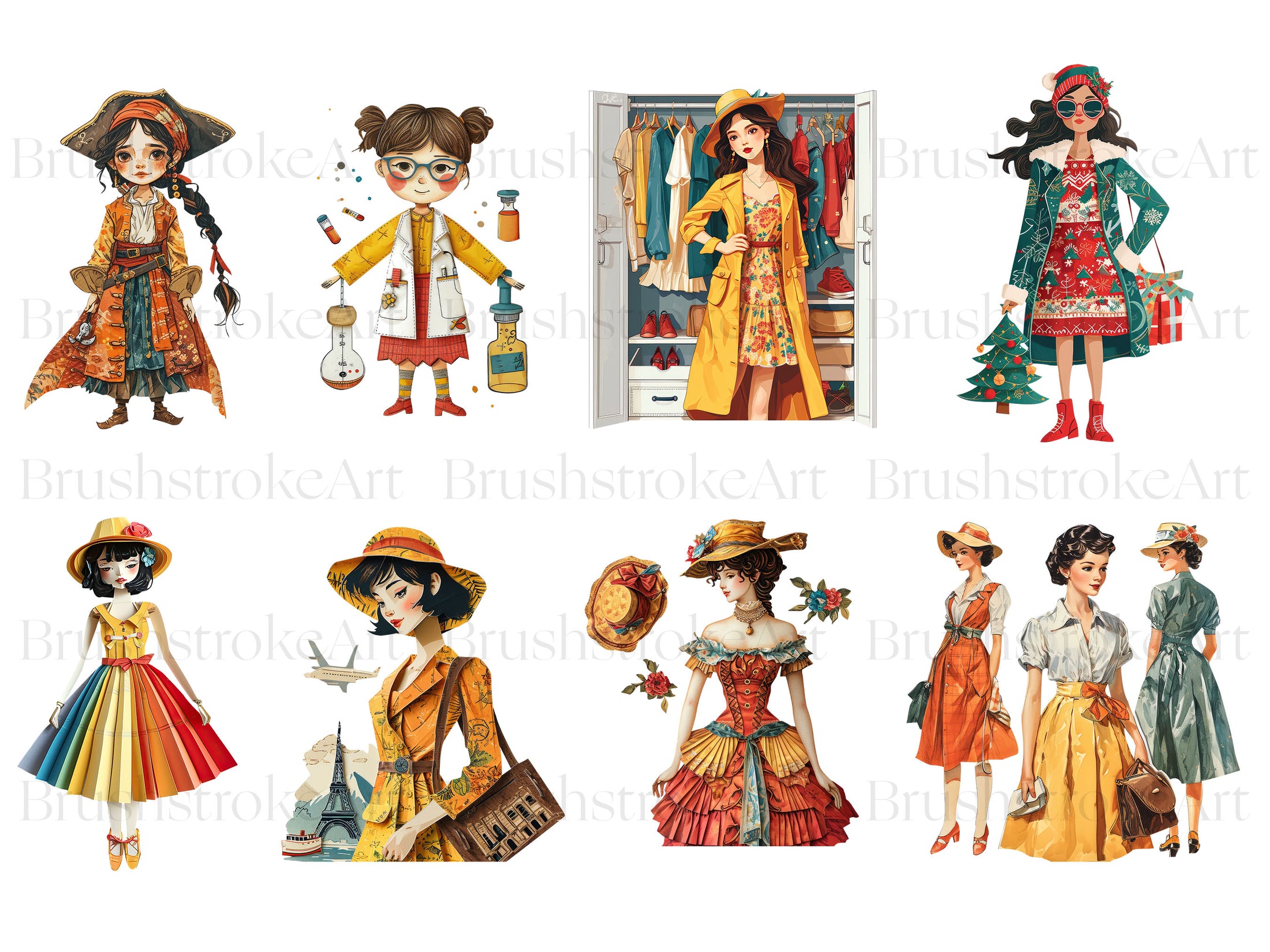Watercolor Paper Doll Clipart, Dress Up Doll, Vintage Fashion – Clipartset