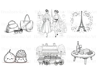 21 Paris Illustration Line Art, Parisian Girl, Eiffel Tower Clipart. F ...