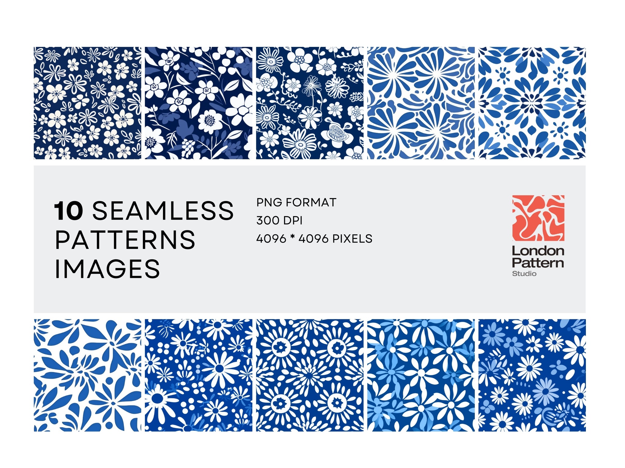 Blue Cutouts Seamless Patterns, Abstract Floral, Flower Design – Clipartset