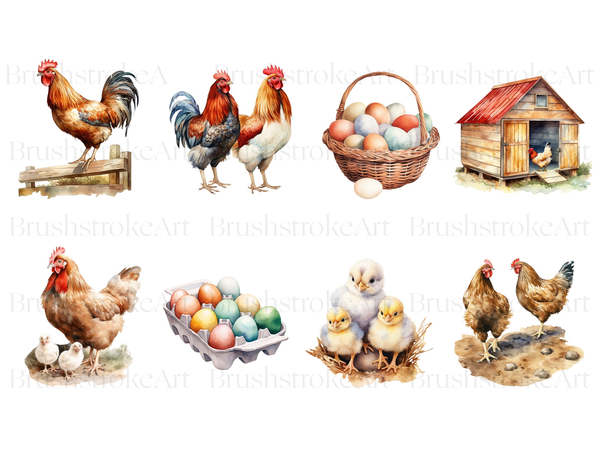 Watercolor Hen Clipart, Chicken PNG, Baby Chick, Rooster – Clipartset