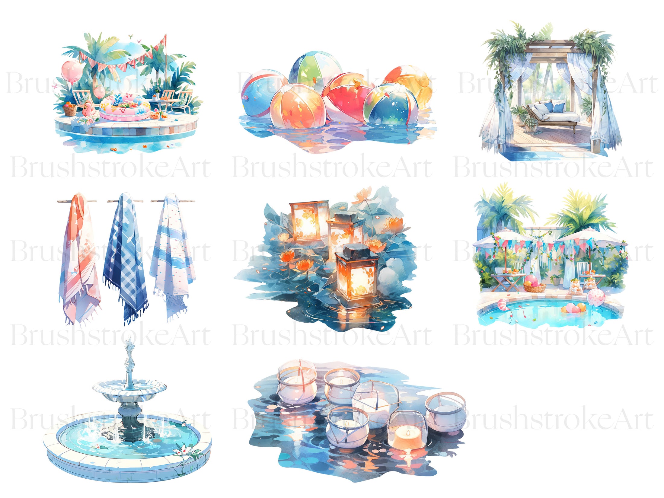Watercolor Pool Clipart, Summer Vacation, Swimming Pool Party – Clipartset