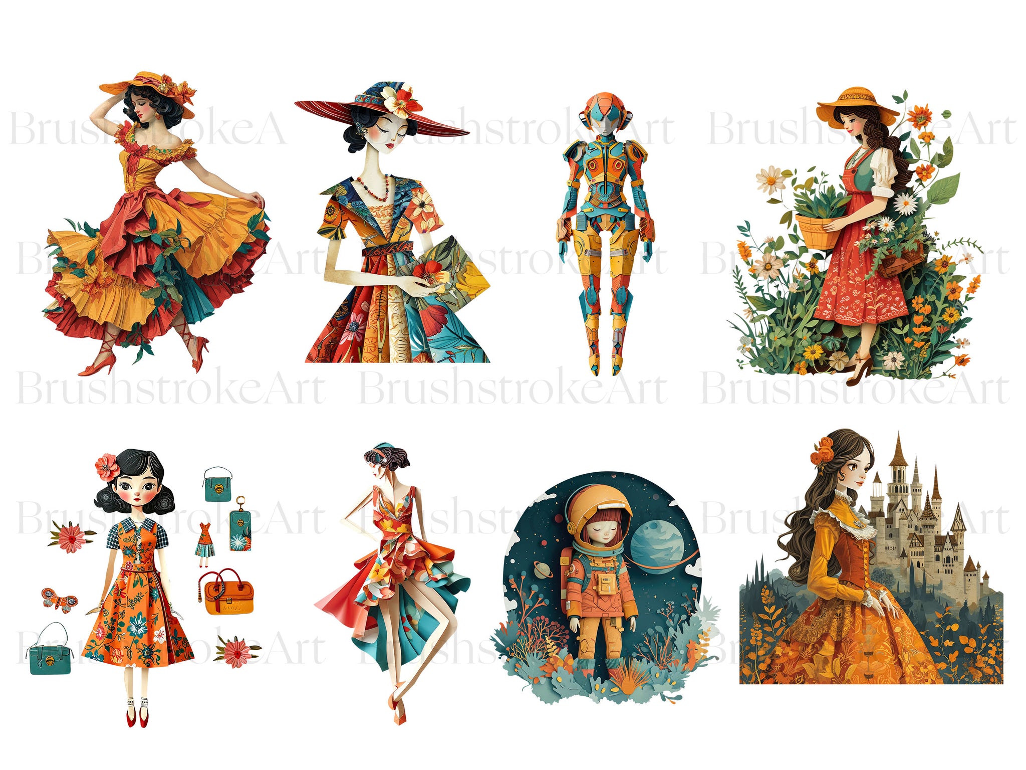 Watercolor Paper Doll Clipart, Dress Up Doll, Vintage Fashion – Clipartset