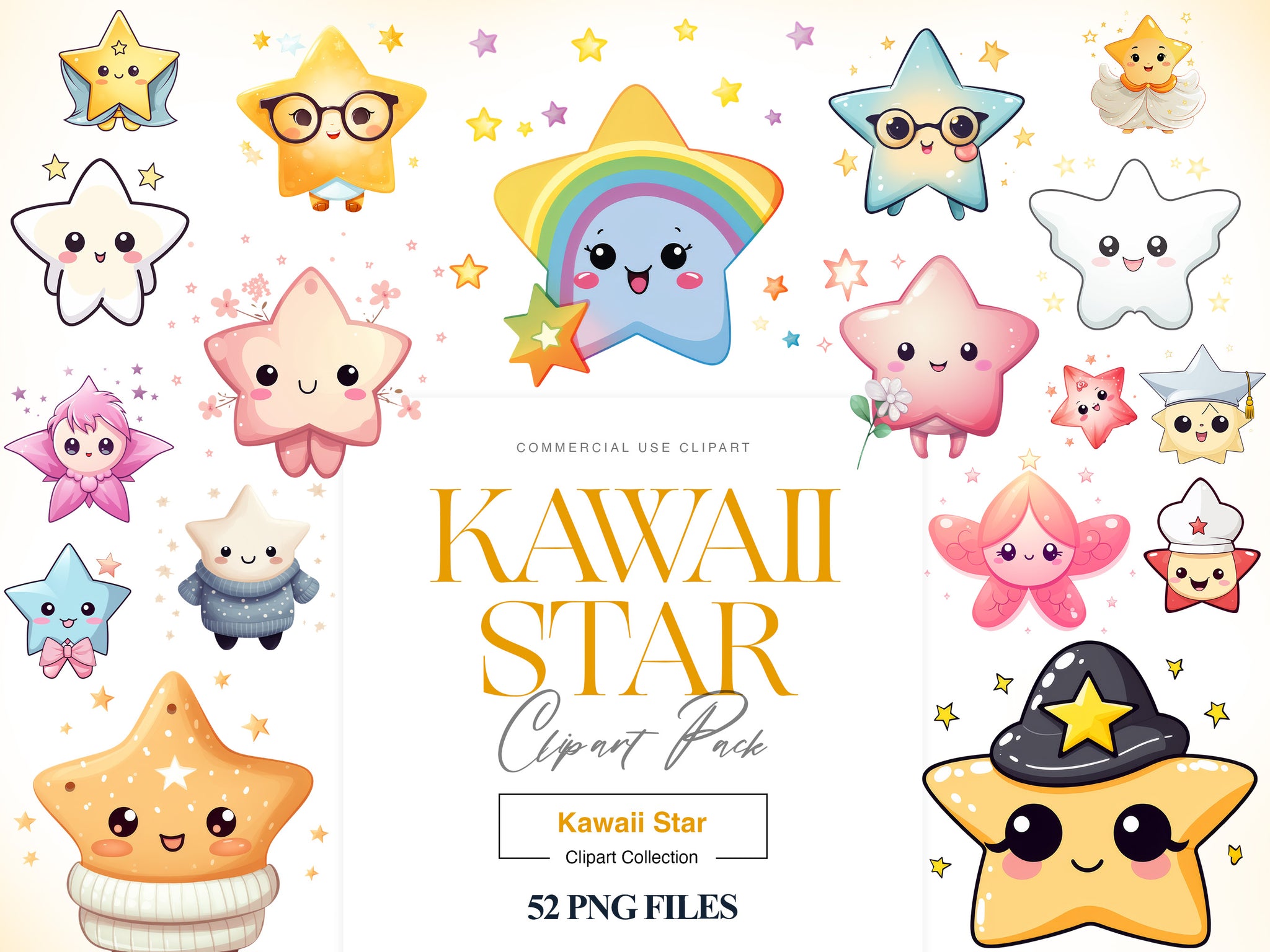 Kawaii Stars Clipart, Chibi Star, Colorful, Rainbow Stars – Clipartset