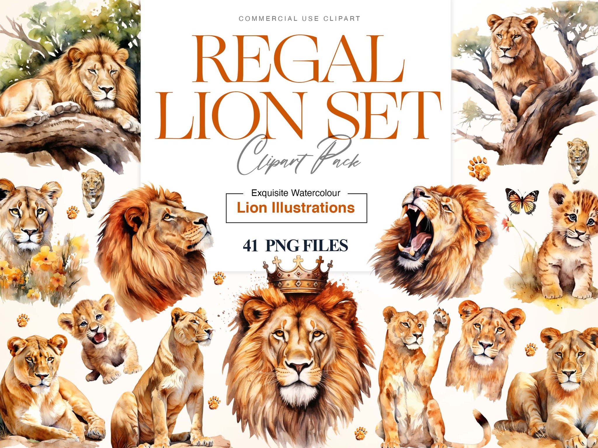 Watercolor Lion Clipart, African Lion PNG, Cute Lion Cub – Clipartset