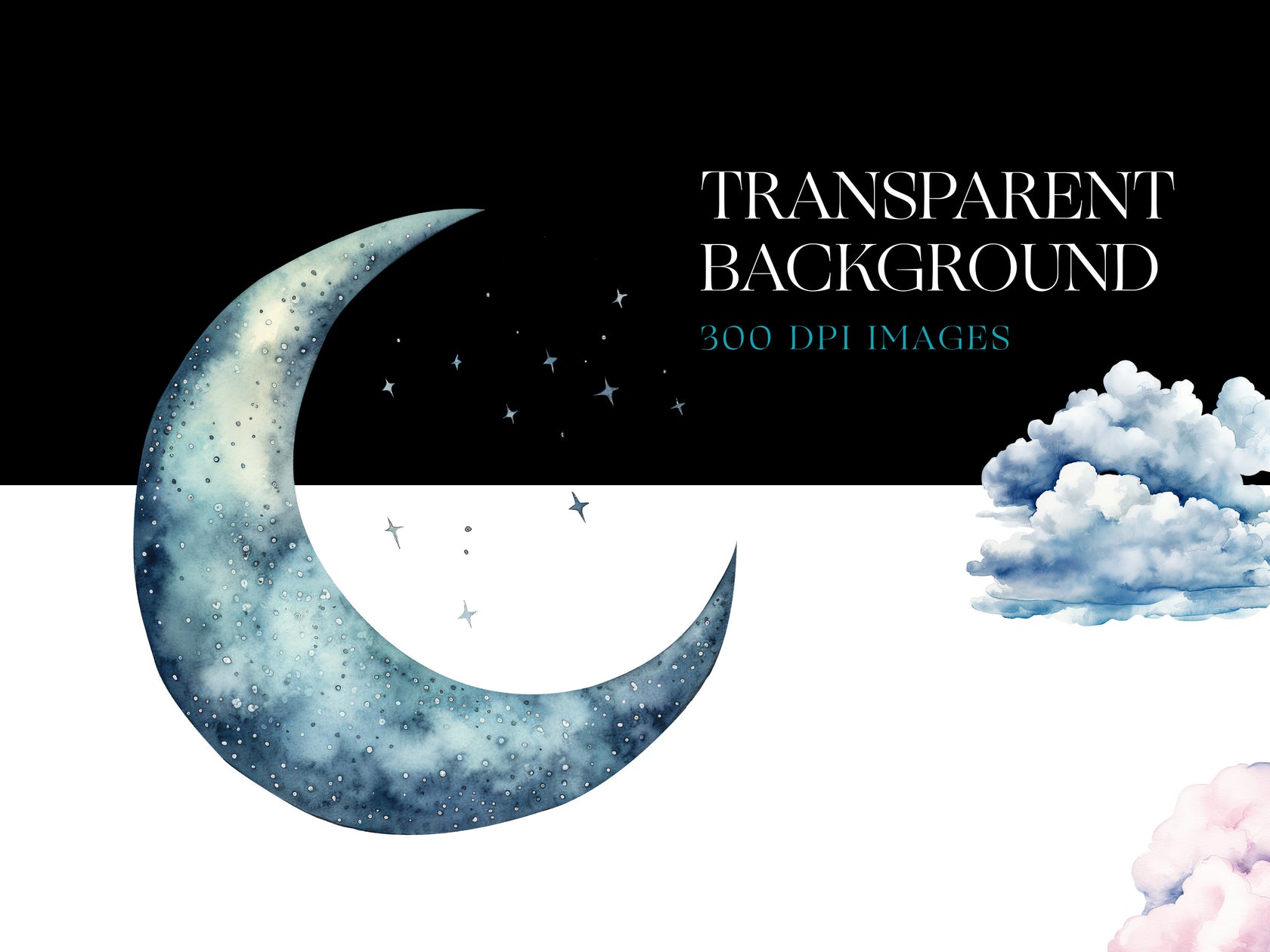 Watercolor Night Sky Clipart, Stars and Moon, Blue Sky – Clipartset