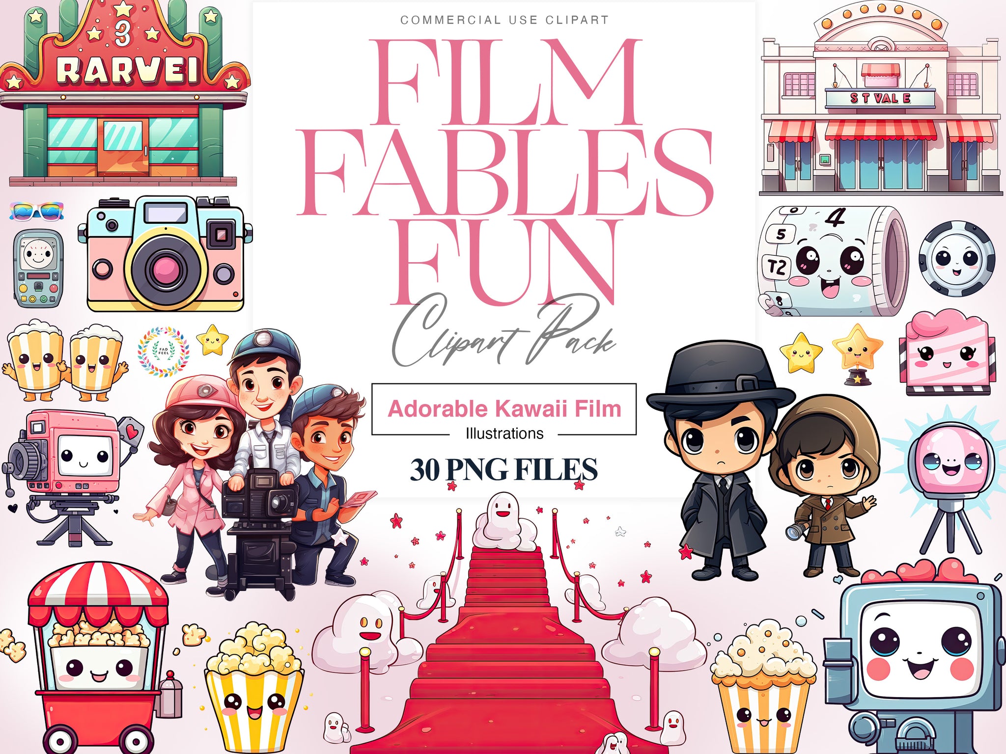 Kawaii Cinema, Theatre, Movie Party, Popcorn, Film, Ticket – Clipartset