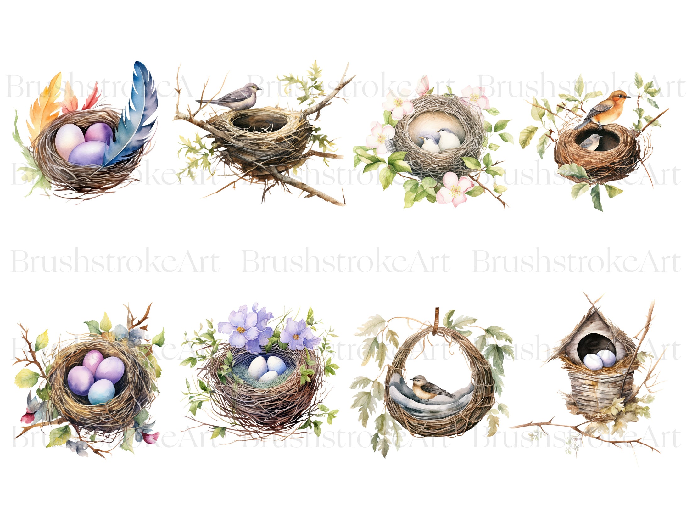 40 Watercolor Bird Nest Clipart, Birds PNG, Eggs in a Nest, Floral Nes ...