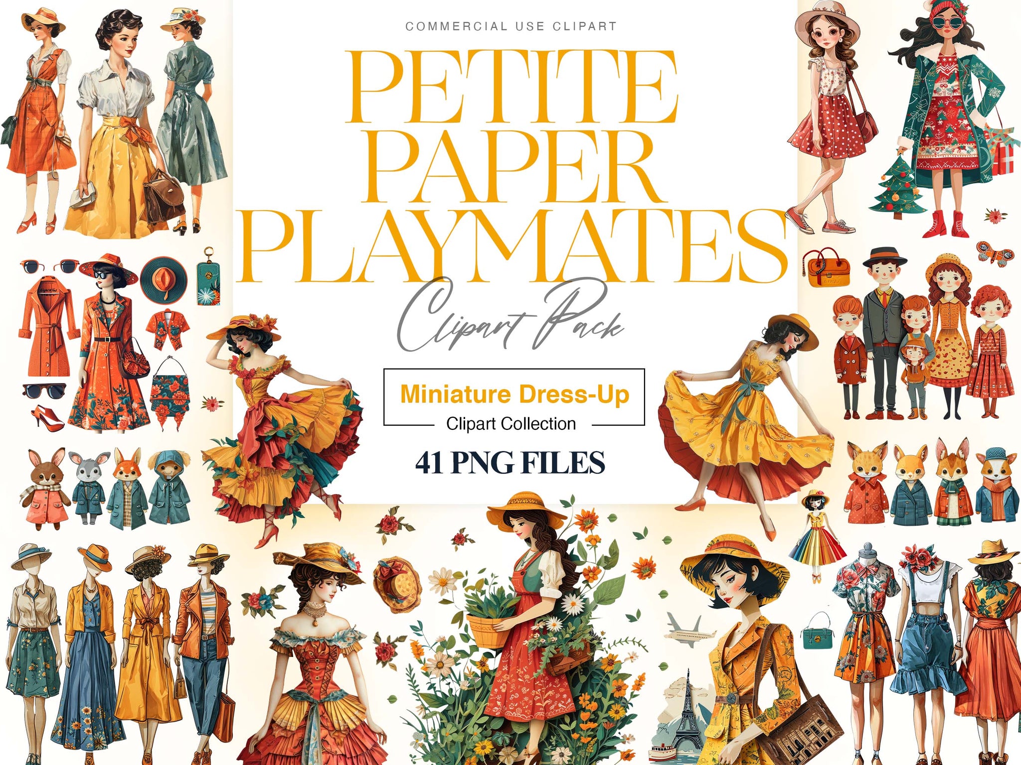 Watercolor Paper Doll Clipart, Dress Up Doll, Vintage Fashion – Clipartset