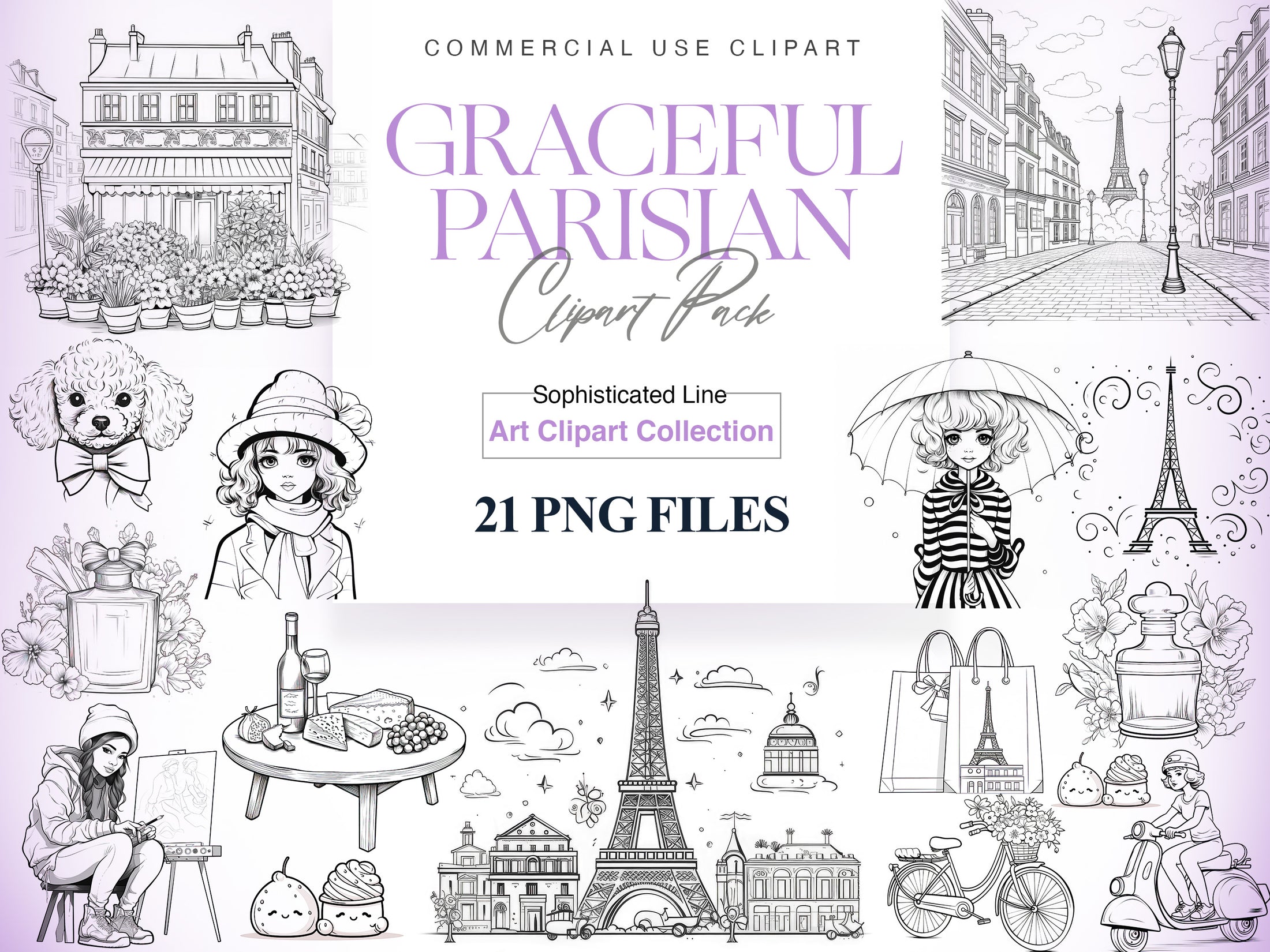 21 Paris Illustration Line Art, Parisian Girl, Eiffel Tower Clipart. F ...