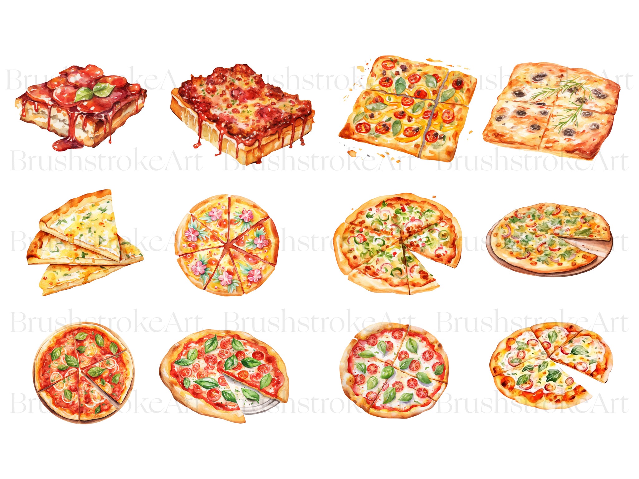 Watercolor Pizza Clipart, Pizza Margherita, Pepperoni Pizza – Clipartset