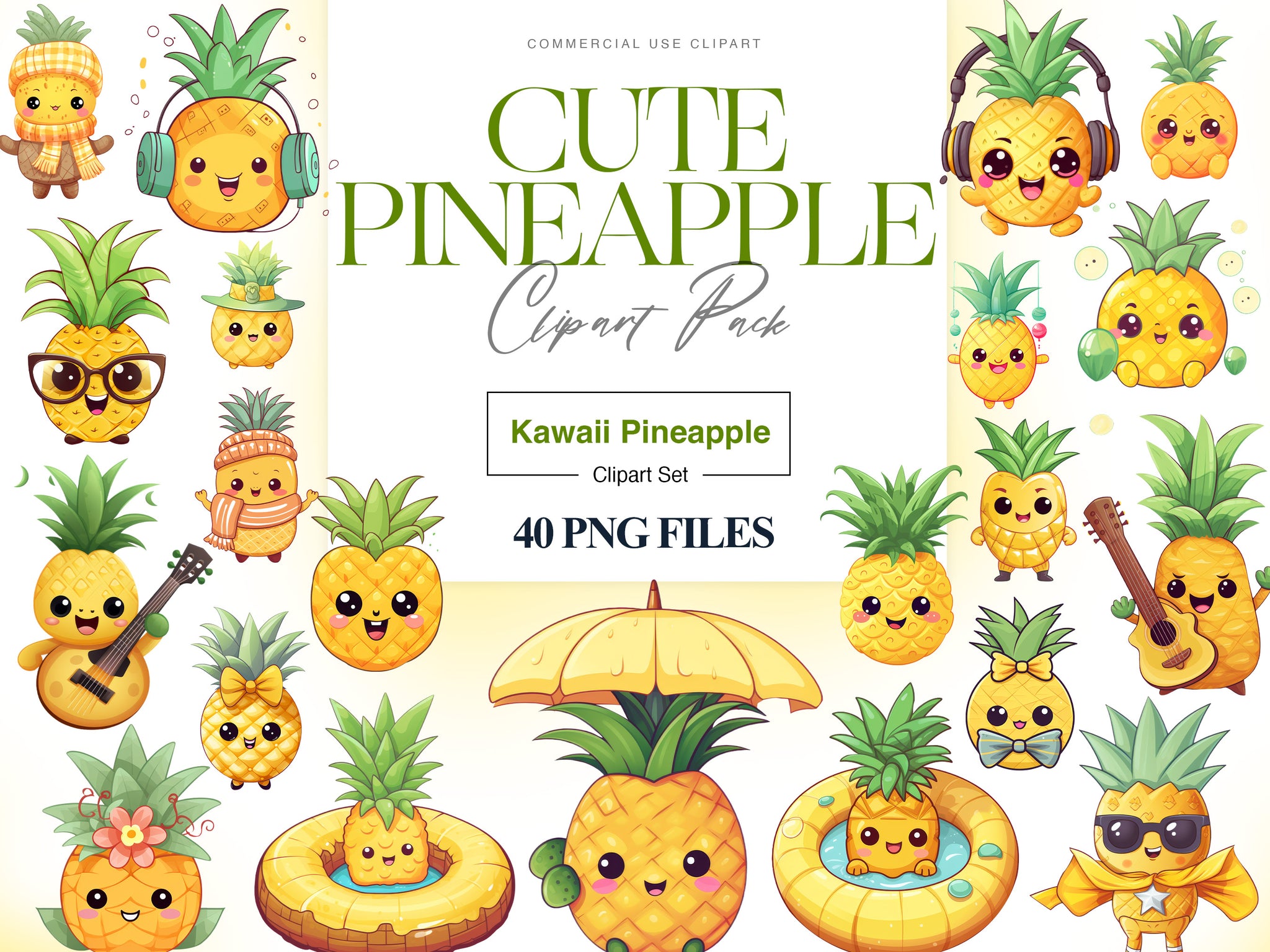 Cute Pineapple Clipart, Tropical Fruit, Kawaii Pineapple – Clipartset
