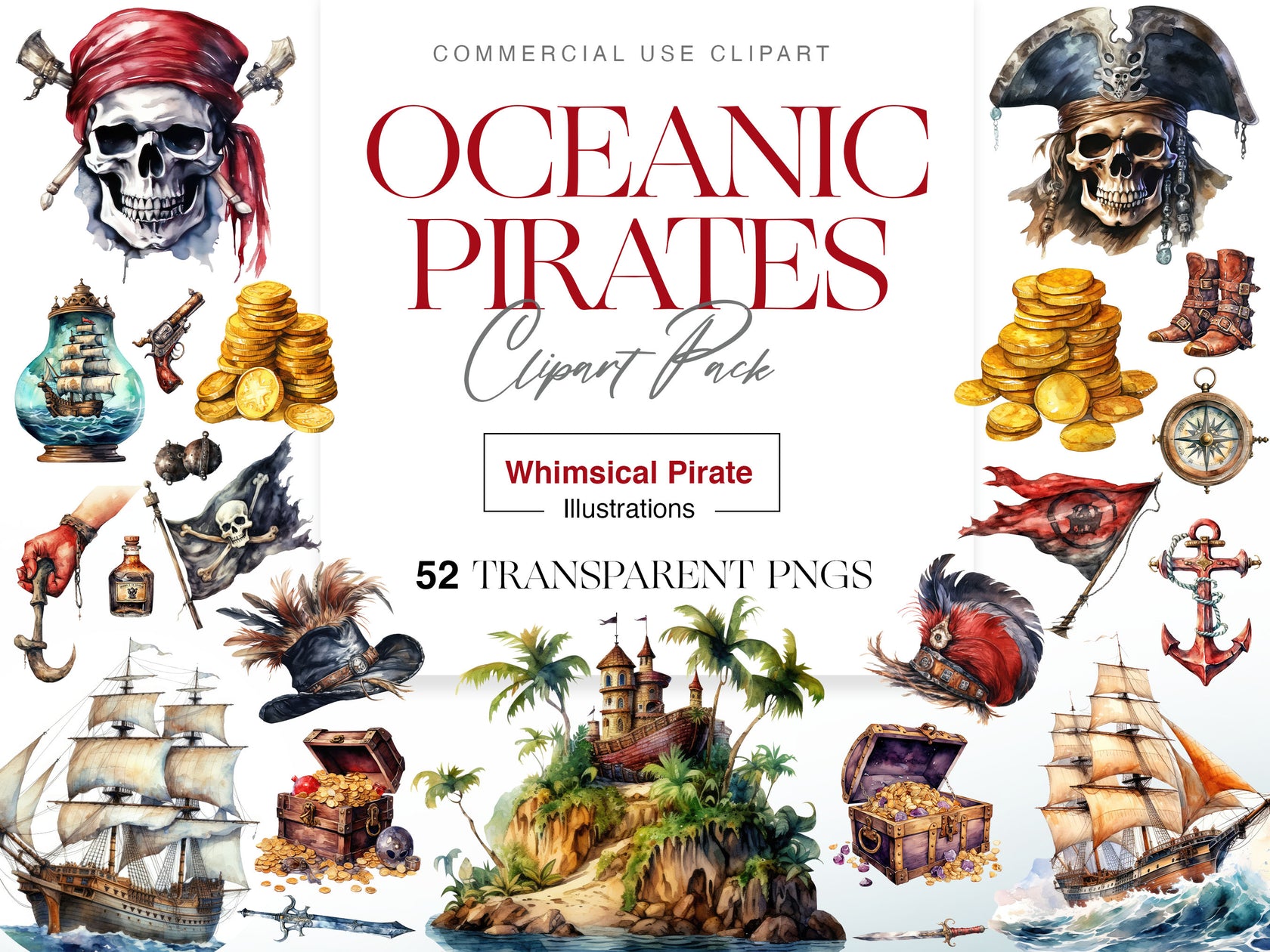 Watercolor Pirate Clipart, Treasure Map, Pirate Ship, Island – Clipartset