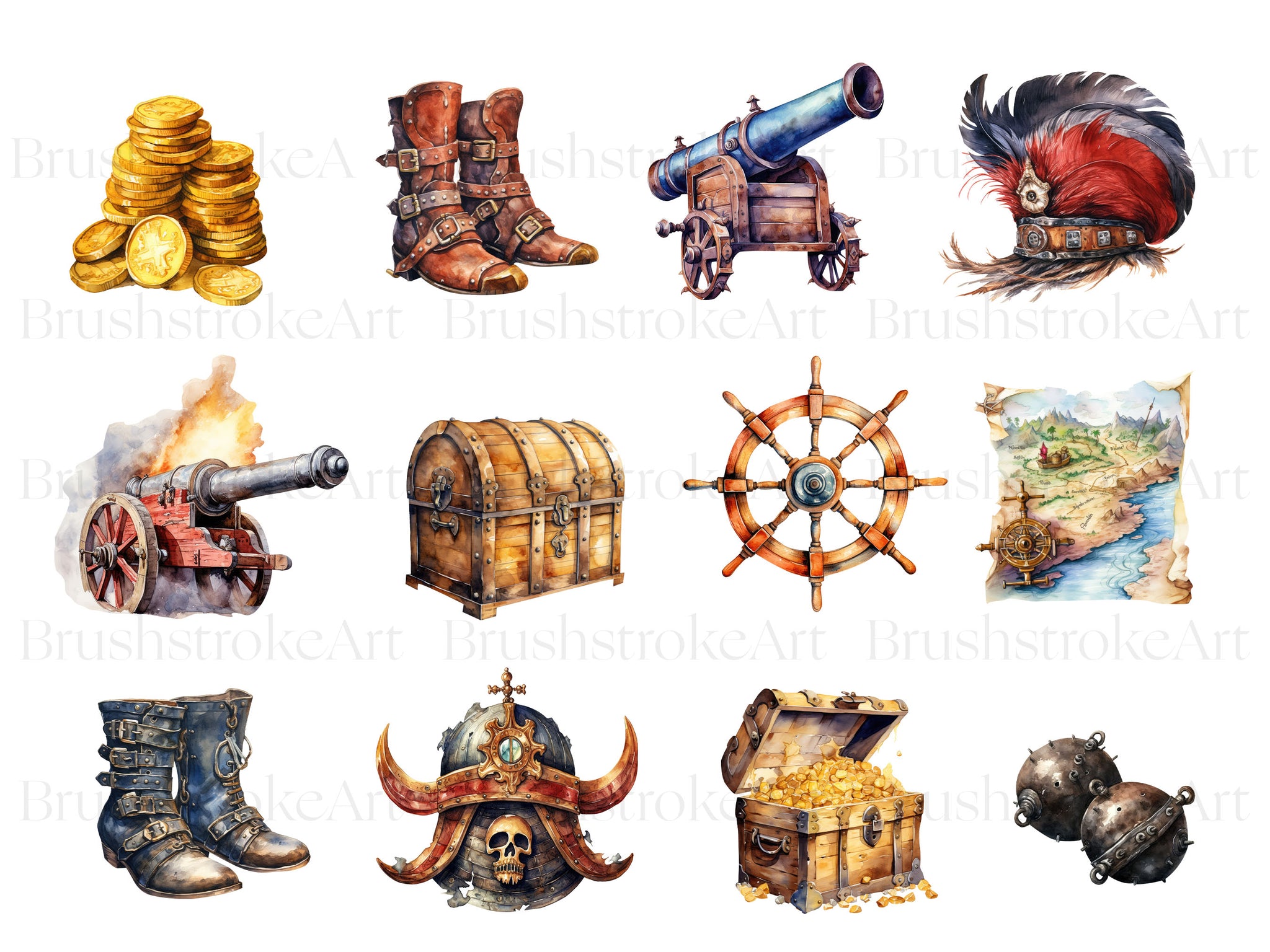 Watercolor Pirate Clipart, Treasure Map, Pirate Ship, Island – Clipartset