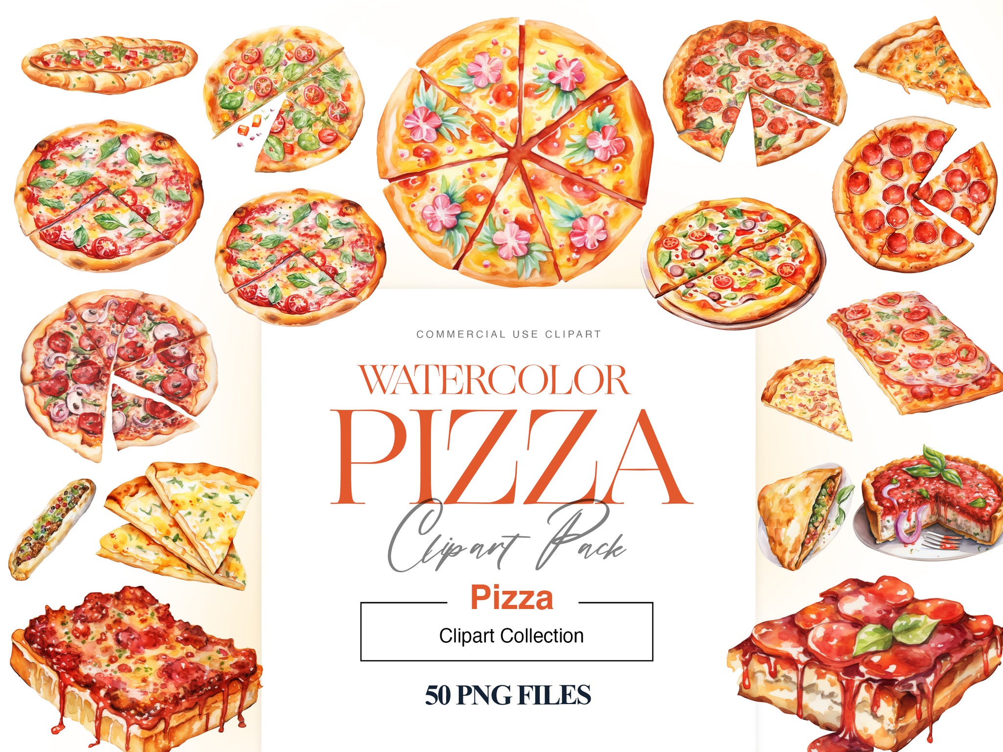Watercolor Pizza Clipart, Pizza Margherita, Pepperoni Pizza – Clipartset