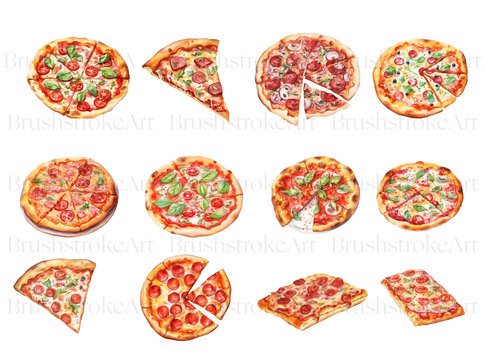 Watercolor Pizza Clipart, Pizza Margherita, Pepperoni Pizza – Clipartset