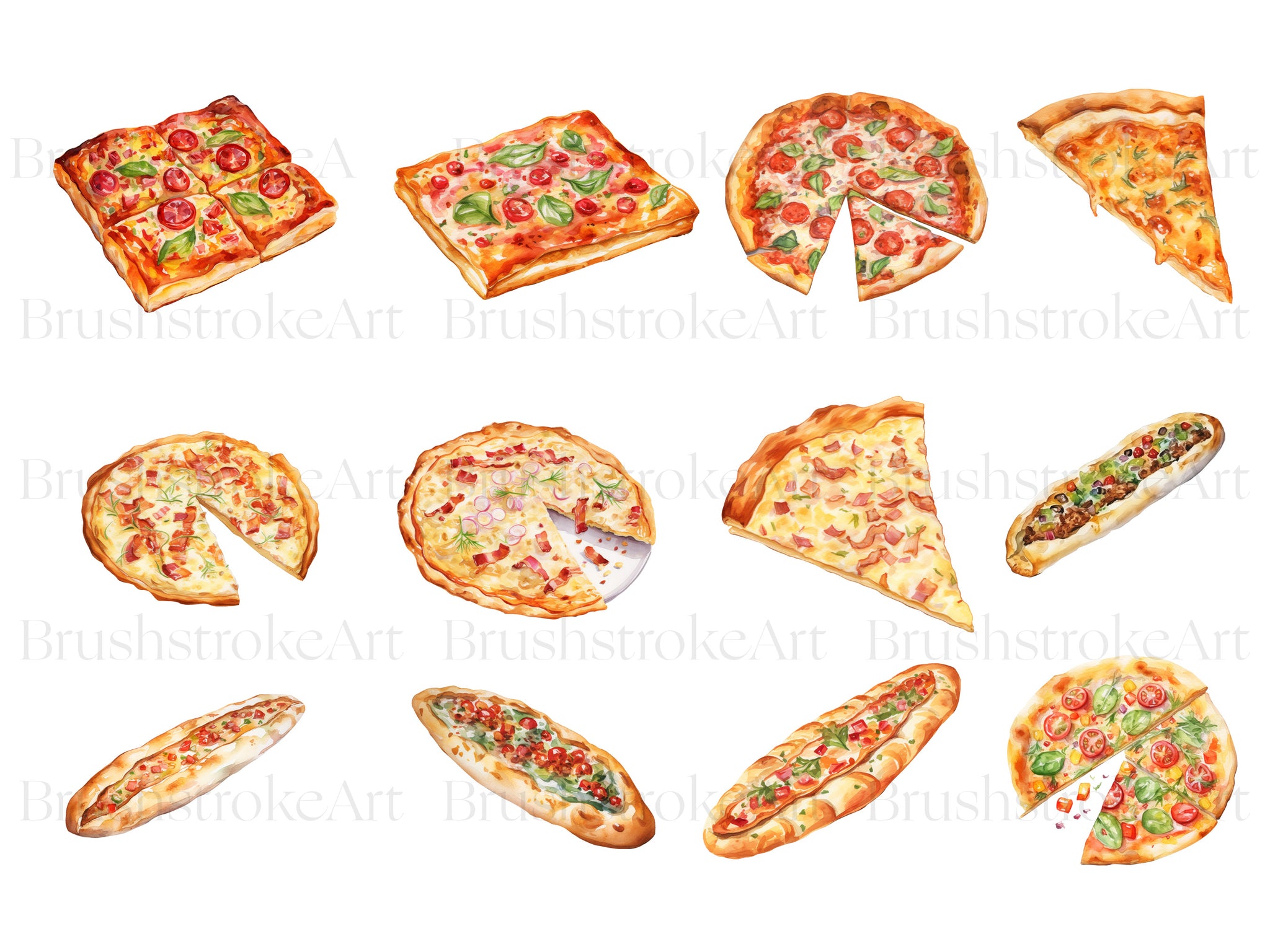 Watercolor Pizza Clipart, Pizza Margherita, Pepperoni Pizza – Clipartset