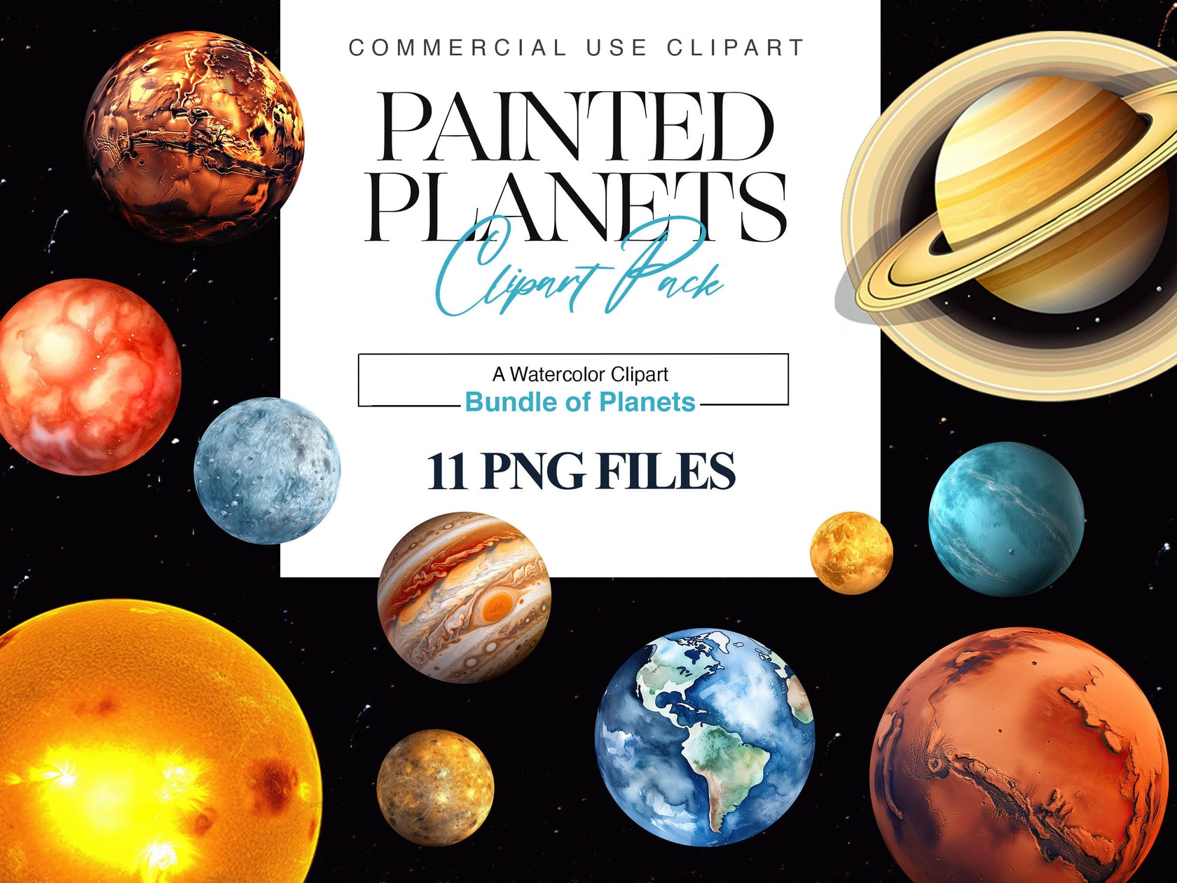 Watercolor Planets Clipart, Earth, Space, Jupiter Mars, Sun – Clipartset