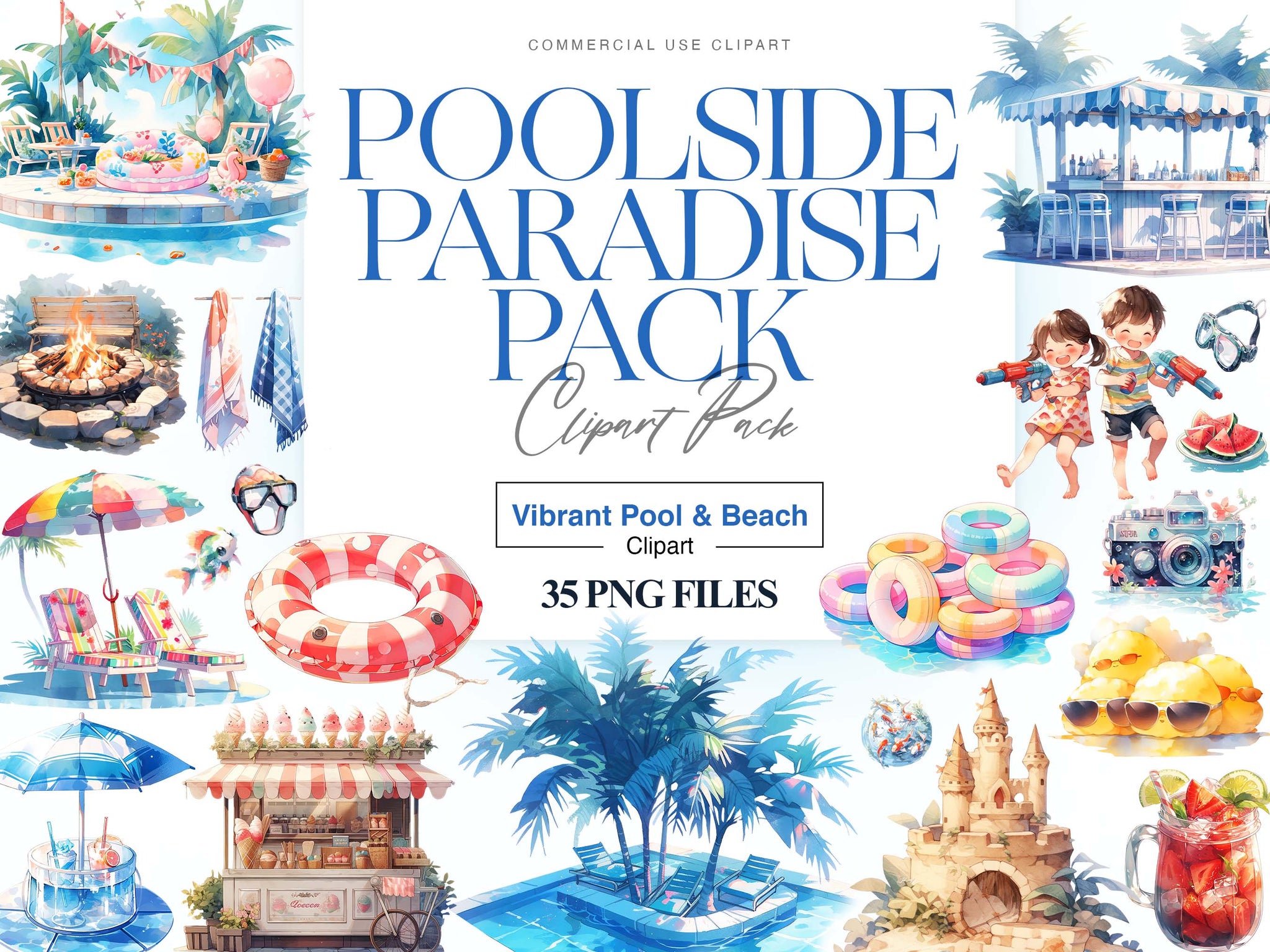 Watercolor Pool Clipart, Summer Vacation, Swimming Pool Party – Clipartset