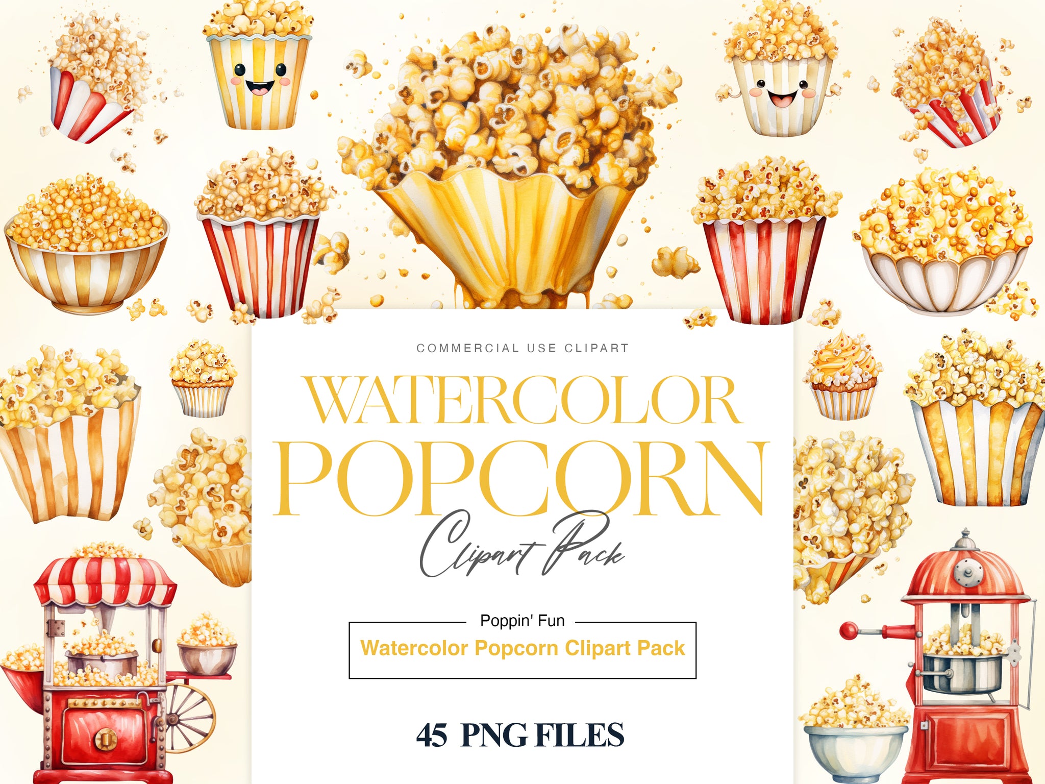 Watercolor Popcorn Clipart, Popcorn Bucket, Popcorn Images – Clipartset