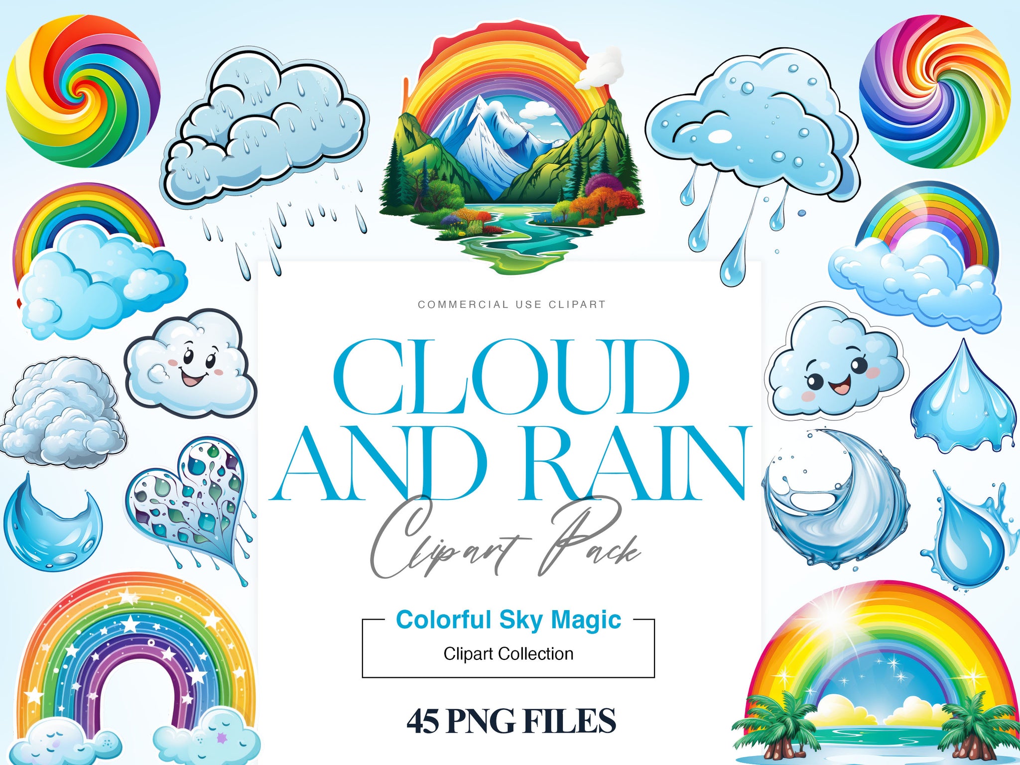 Rain Cloud Clipart, Rainbow PNG, Weather Clipart, Rainy Day – Clipartset