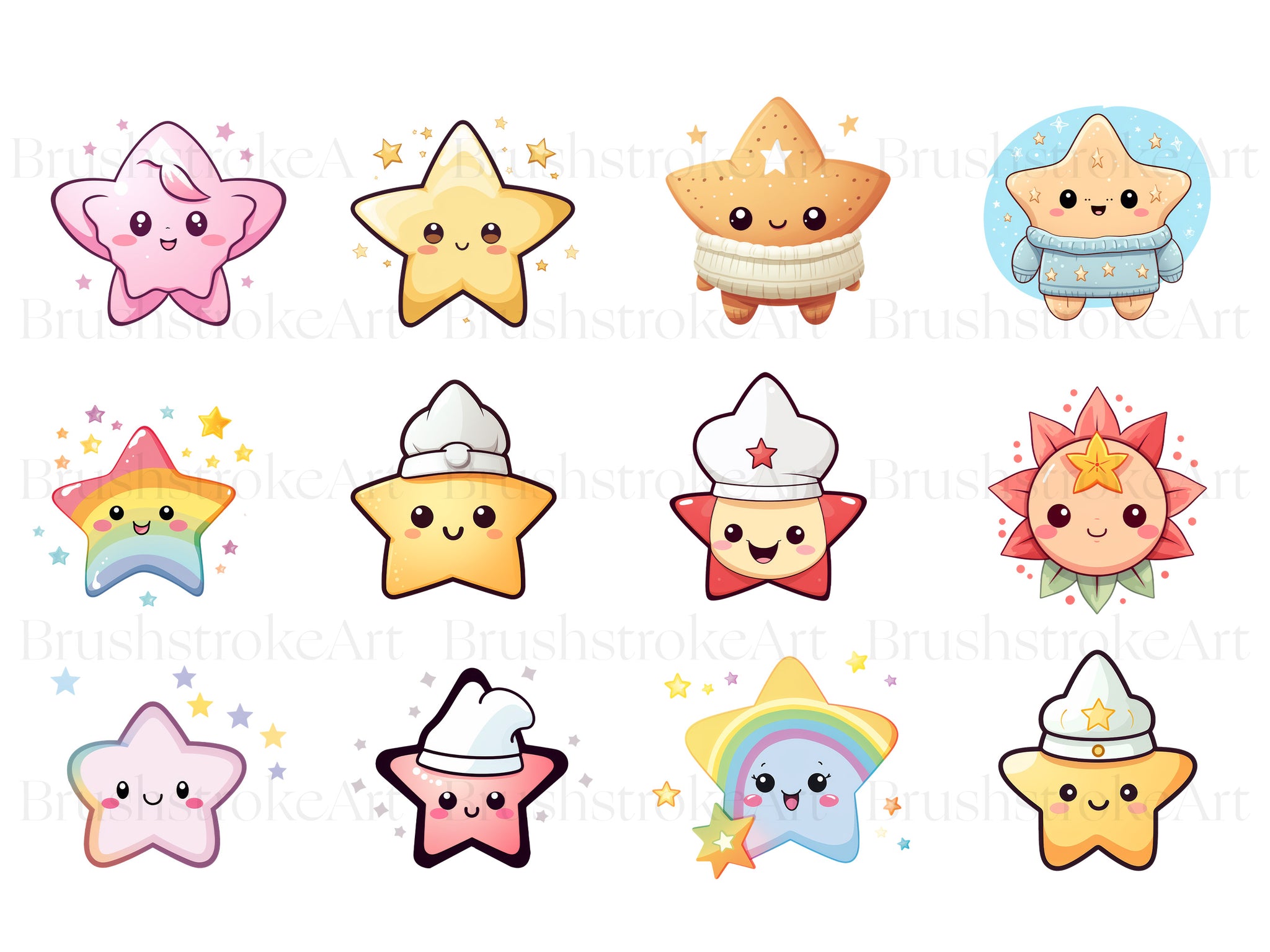 Kawaii Stars Clipart, Chibi Star, Colorful, Rainbow Stars – Clipartset