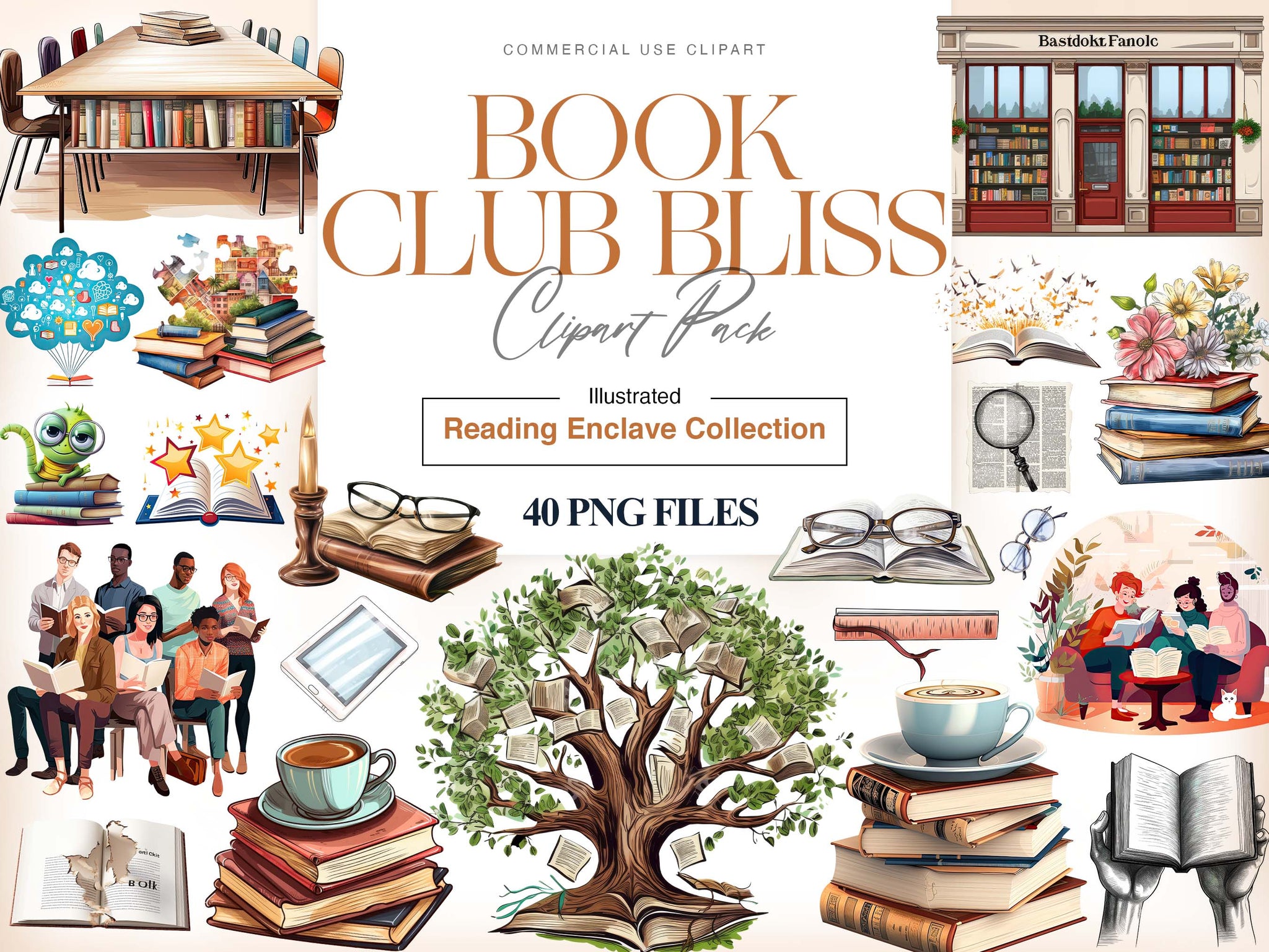 Watercolor Reading Clipart, Bookshelf PNG, Reading Books – Clipartset