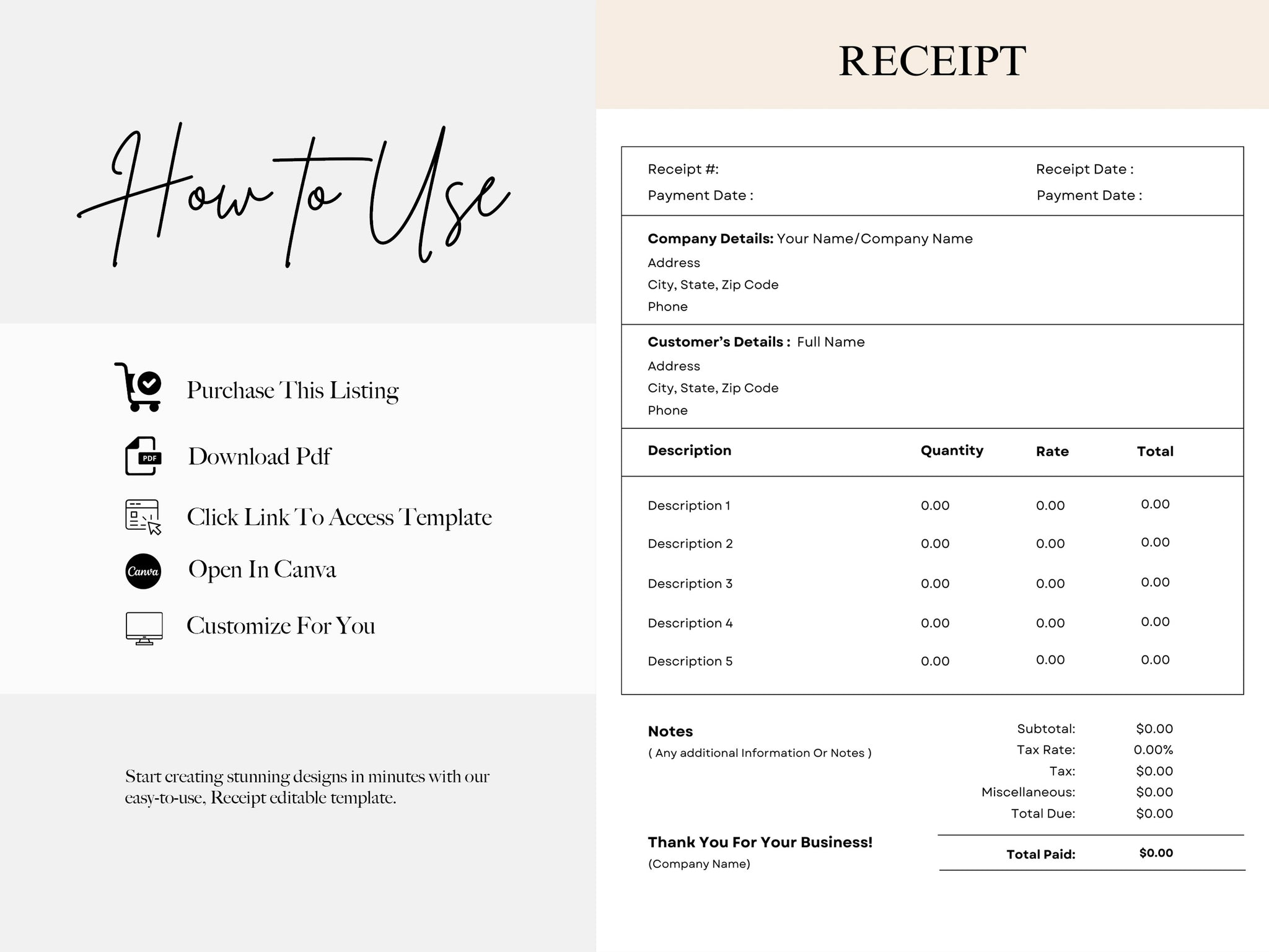 Printable Receipt Template, Canva Template, Editable Receipt – Clipartset