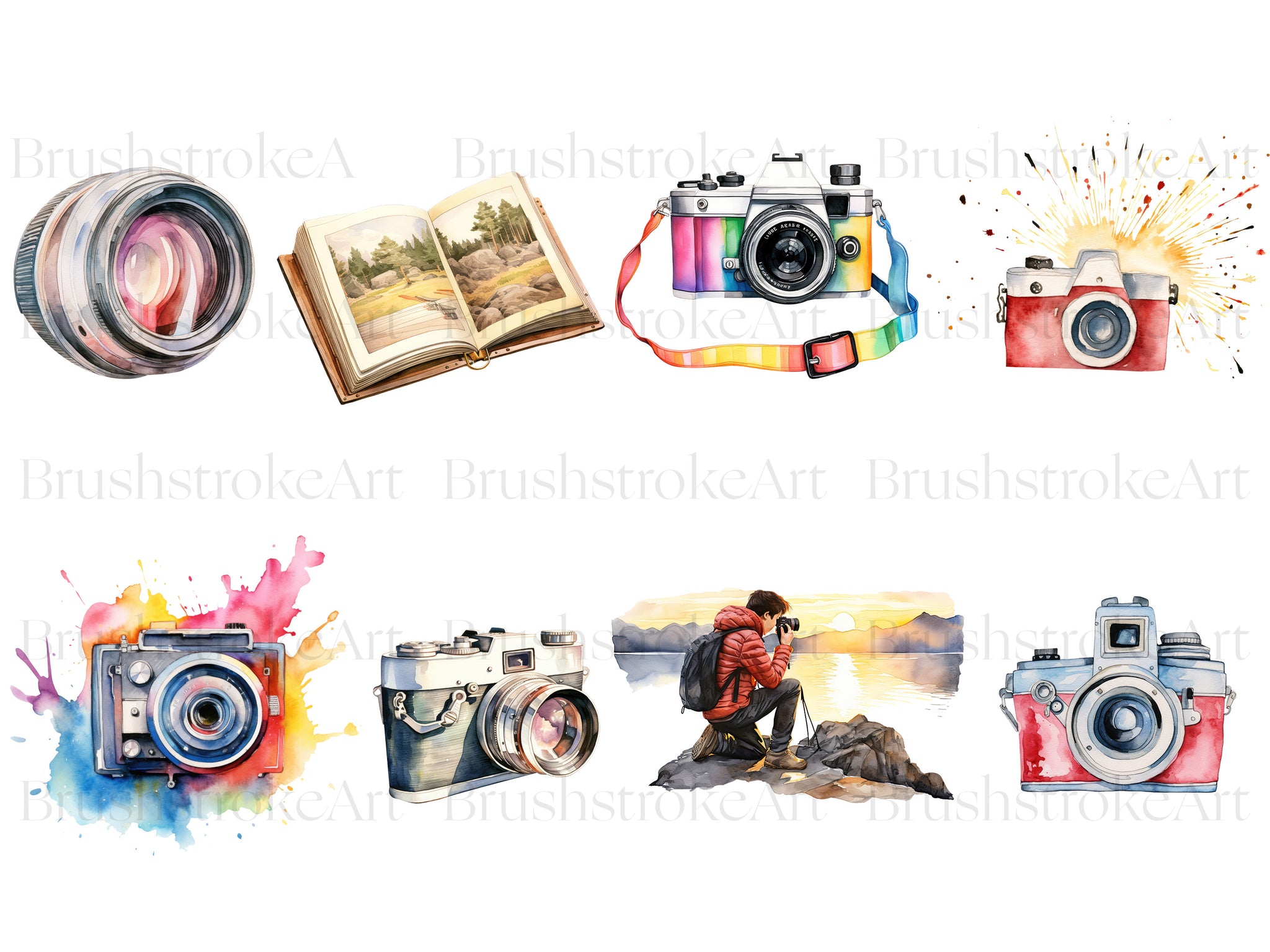 Watercolor Camera Clipart, Photography, Vintage Camera PNG – Clipartset