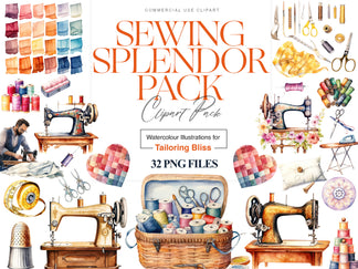 32 Watercolor Sewing Clipart, Sewing Machine, Vintage Fashion, Threads ...