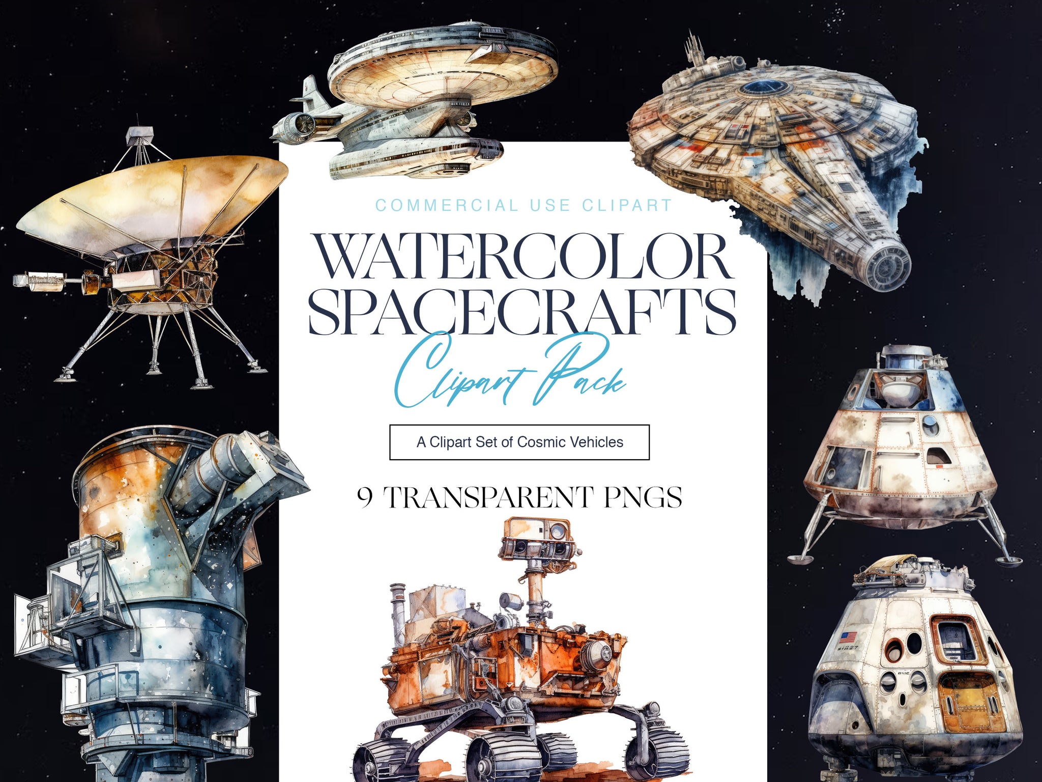 Watercolor Spacecraft Clipart, Rocket, Shuttle, Spaceship – Clipartset