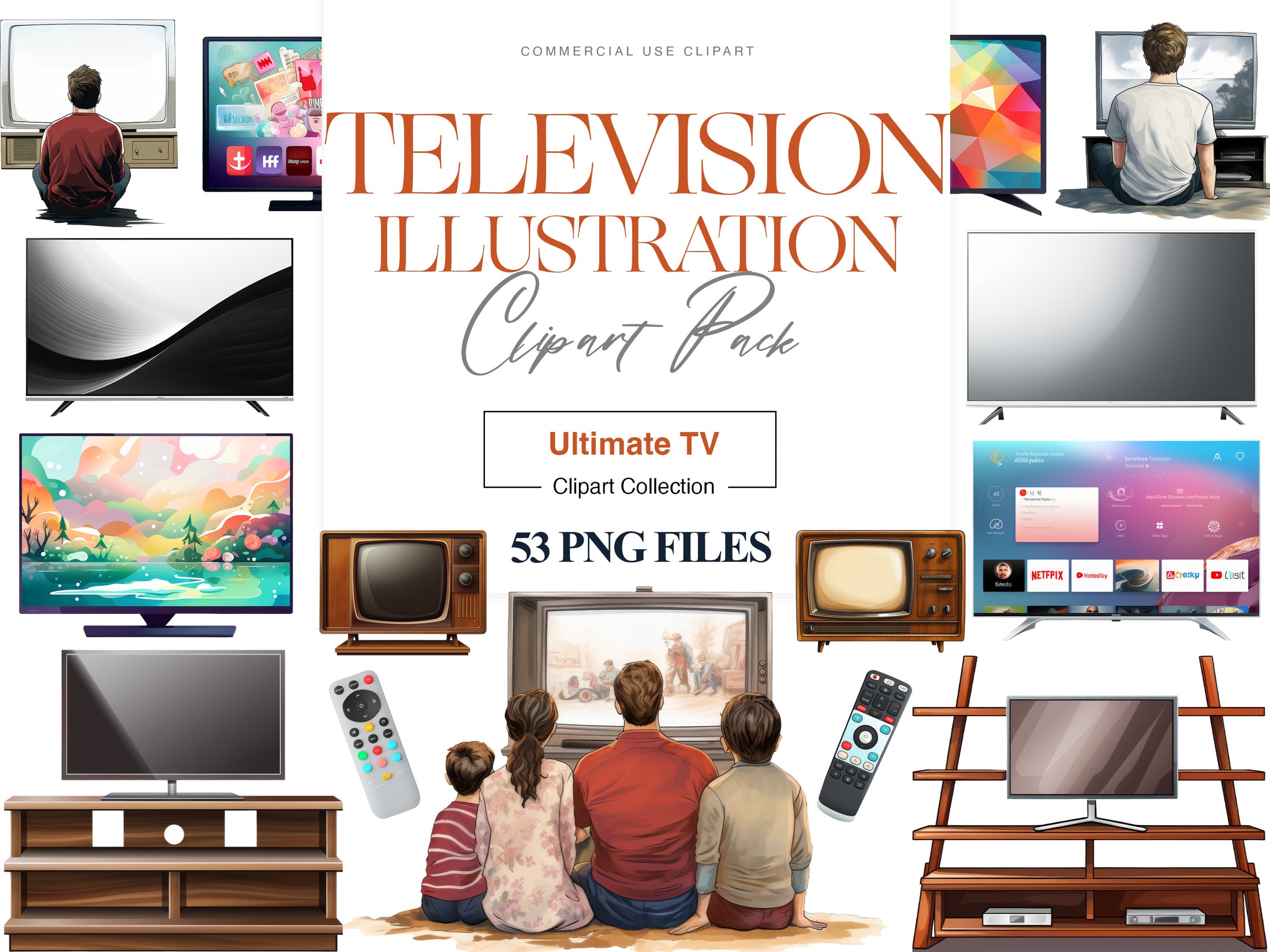 TV Clipart, Vintage TV, Retro, Television Clipart, TV PNG – Clipartset