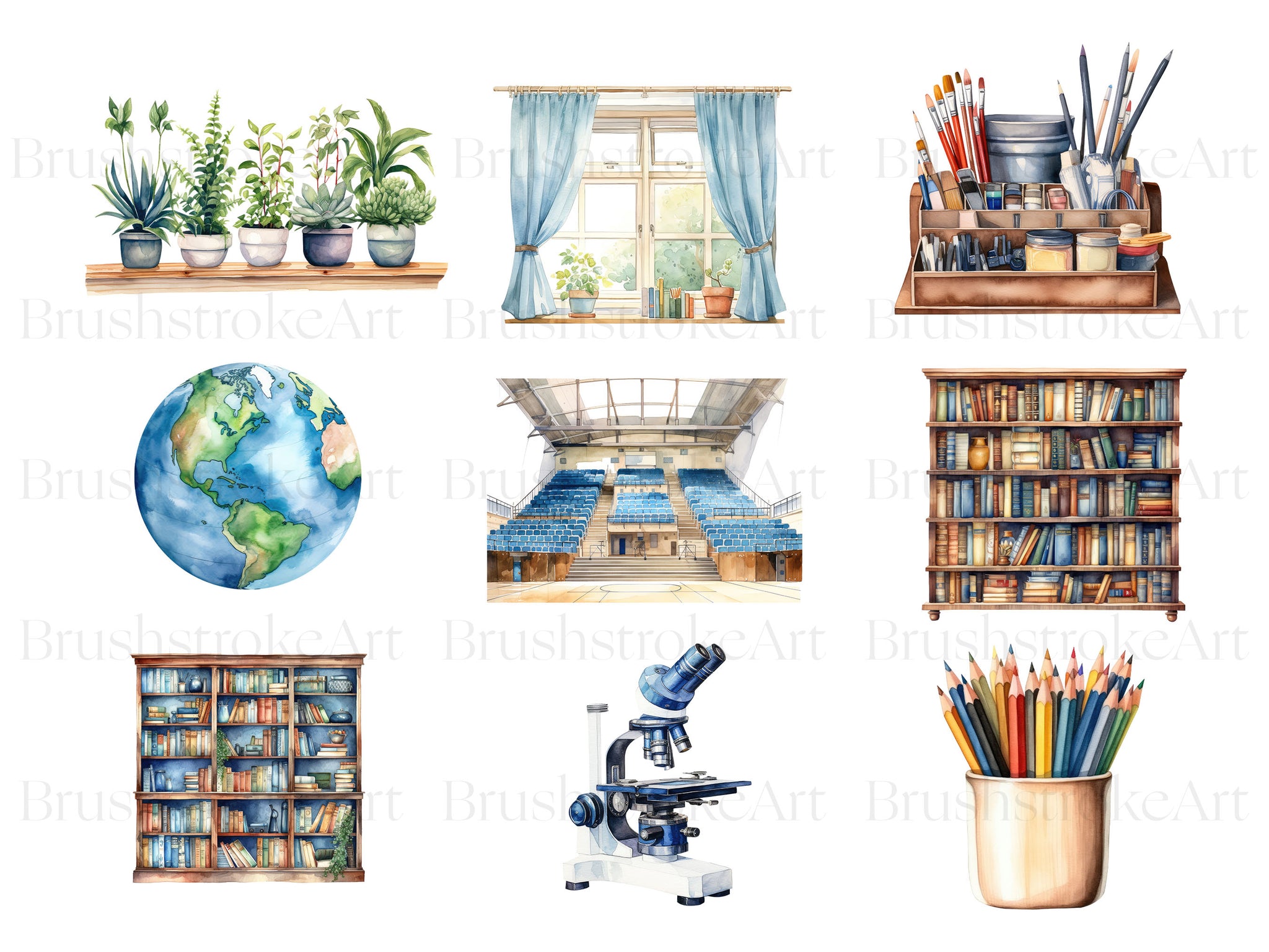 Watercolor Classroom Clipart| Elementary School| School Bus| Chalkboar ...