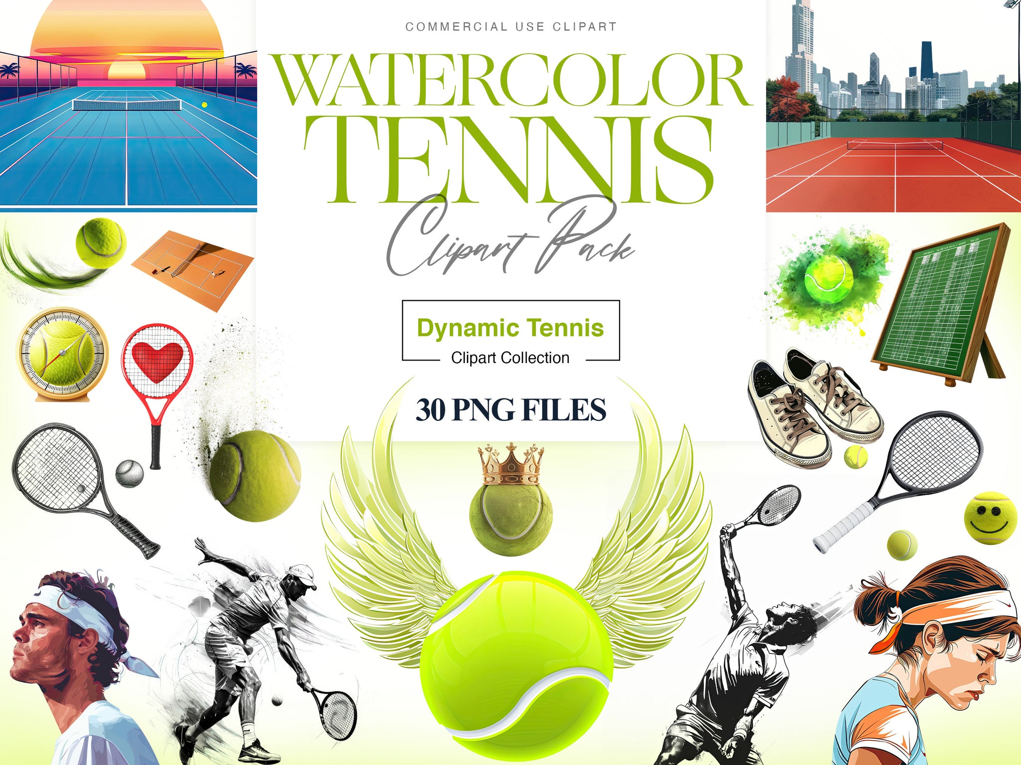 Watercolor Tennis Clipart, Tennis Racket, Sports Clipart, Ball – Clipartset