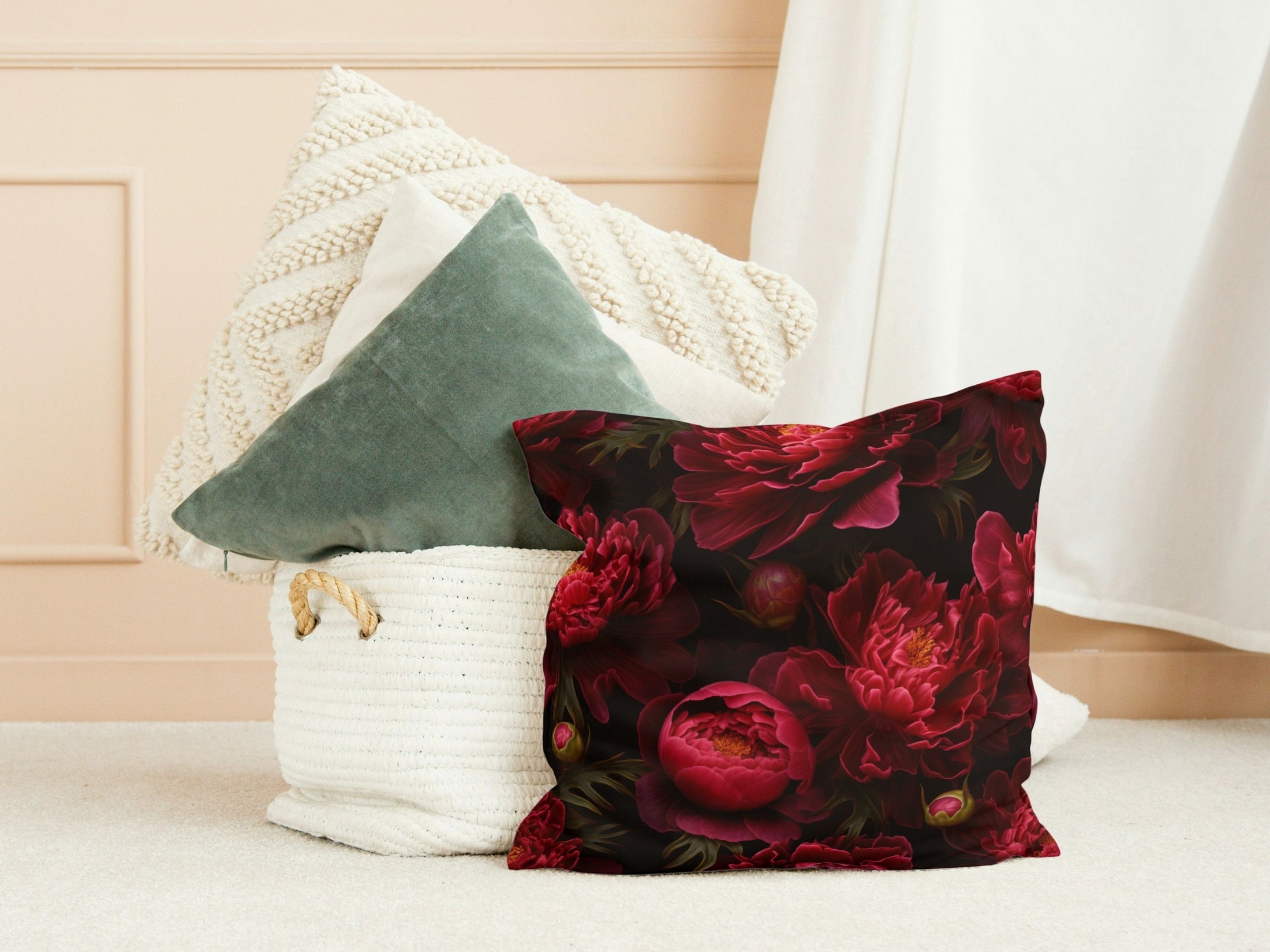 Red Peony Symphony Seamless Pattern, Marble Effect Tile Design – Clipartset